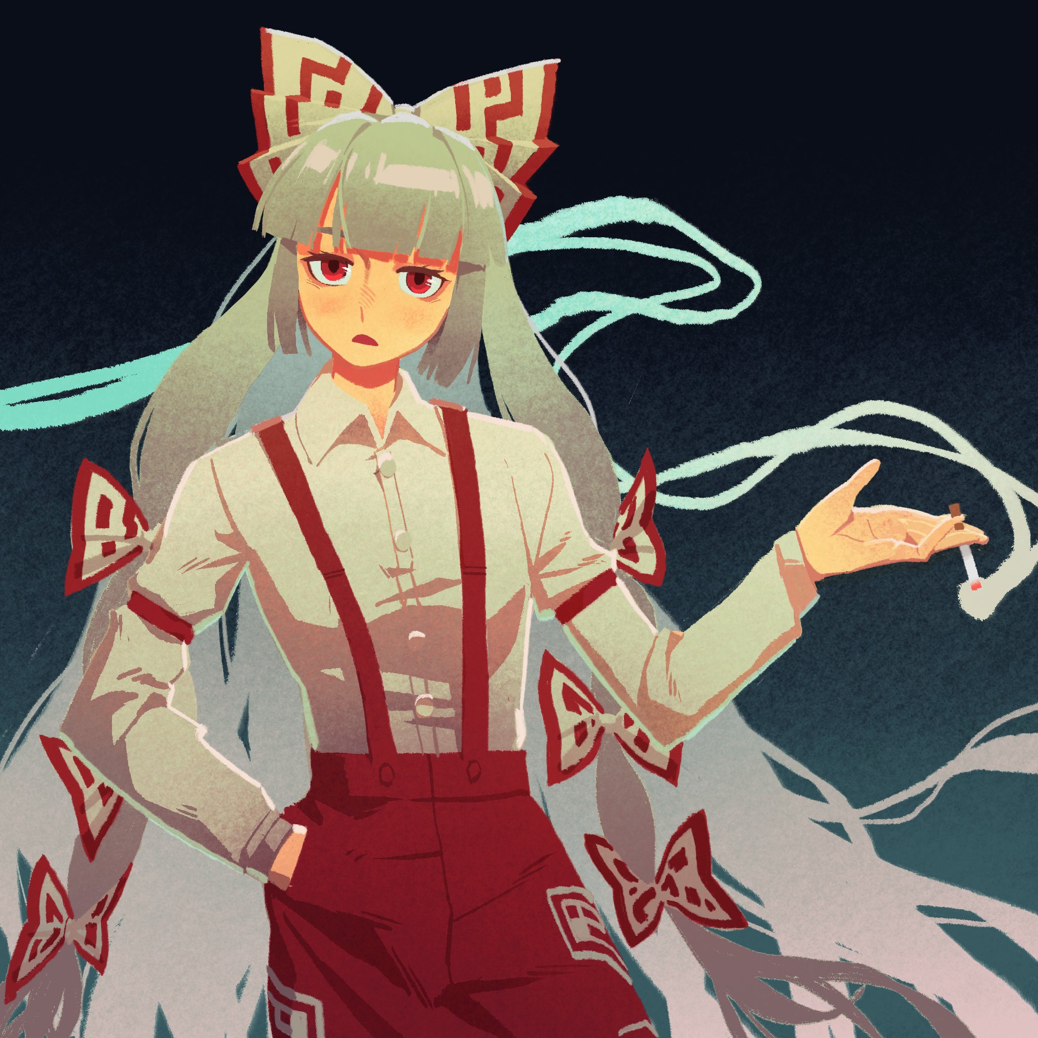 Safebooru - 1girl blunt bangs bow chenwei jun cigarette collared shirt commentary cowboy shot ...