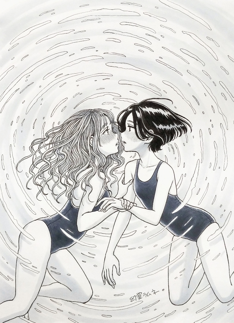 Safebooru - 2girls blush breasts eye contact face-to-face genkakuramune greyscale holding ...