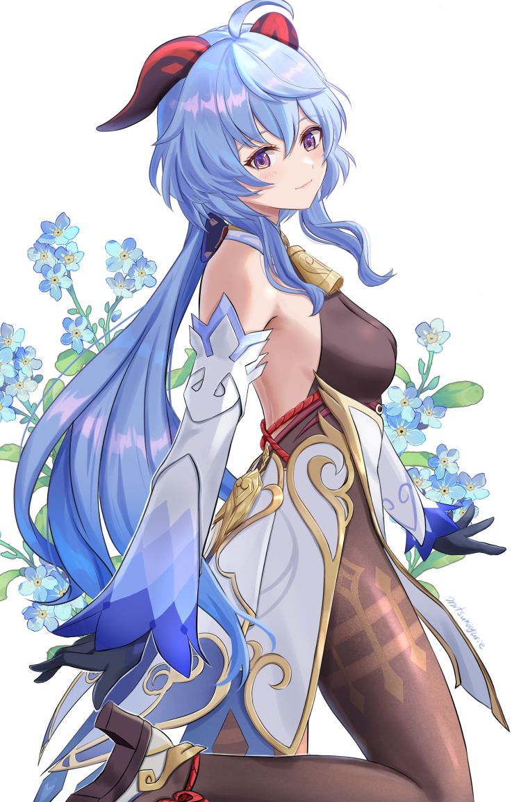 Safebooru - 1girl ahoge artist name bare shoulders bell blue hair blush breasts closed mouth ...