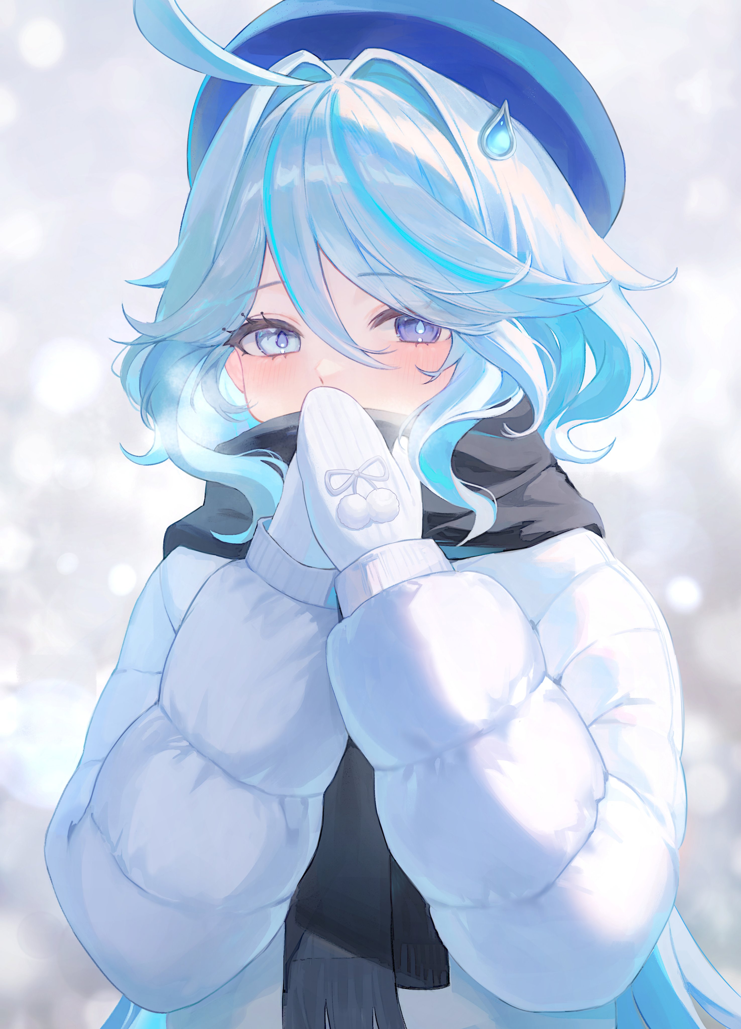 Safebooru - 1girl absurdres alternate costume black scarf blue hair blue hat chaerom coat ...