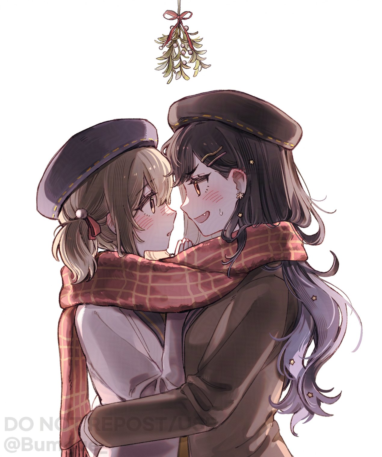 Safebooru - 2girls azusawa kohane black hair black hat blush brown coat brown hair coat ...