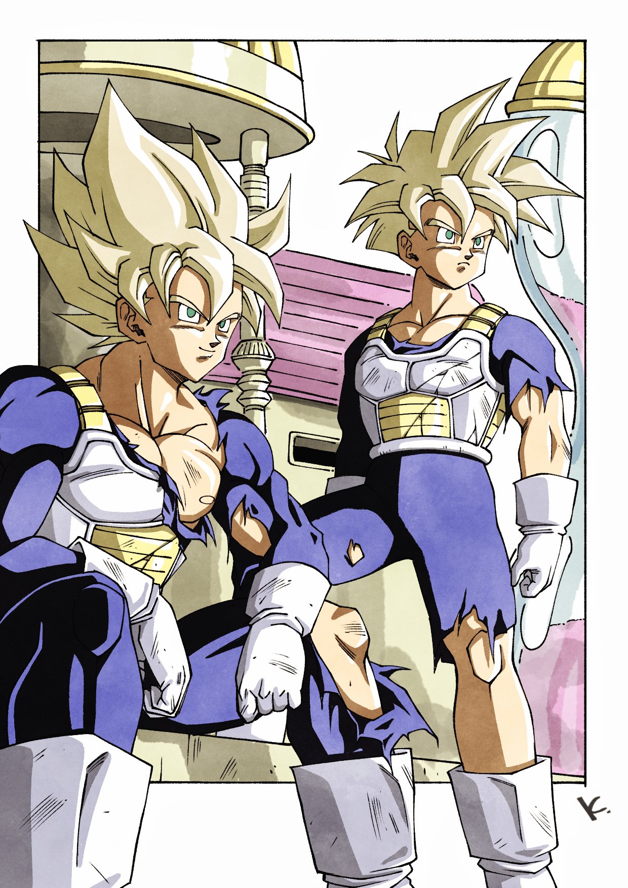 Safebooru - 2boys blonde hair blue bodysuit bodysuit border dragon ball dragon ball z father and ...