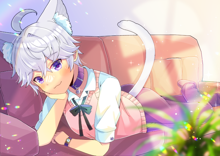 Safebooru - 1boy ahoge animal ear fluff animal ears black bow black pants blurry blurry ...