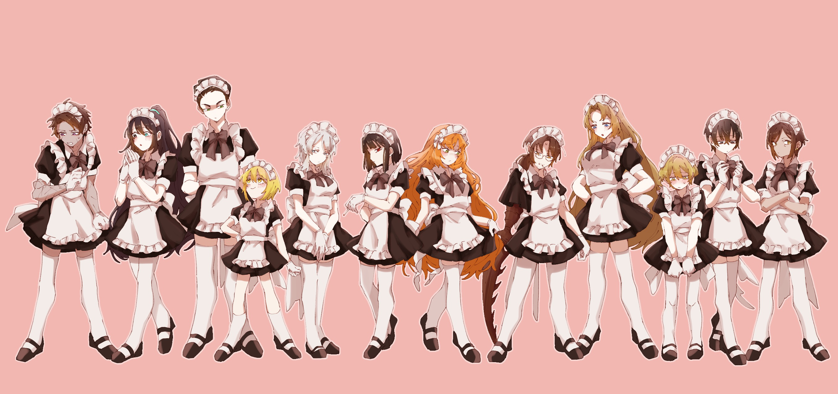 Safebooru - 6+boys 6+girls alternate costume apron black bow black bowtie black dress black eyes ...