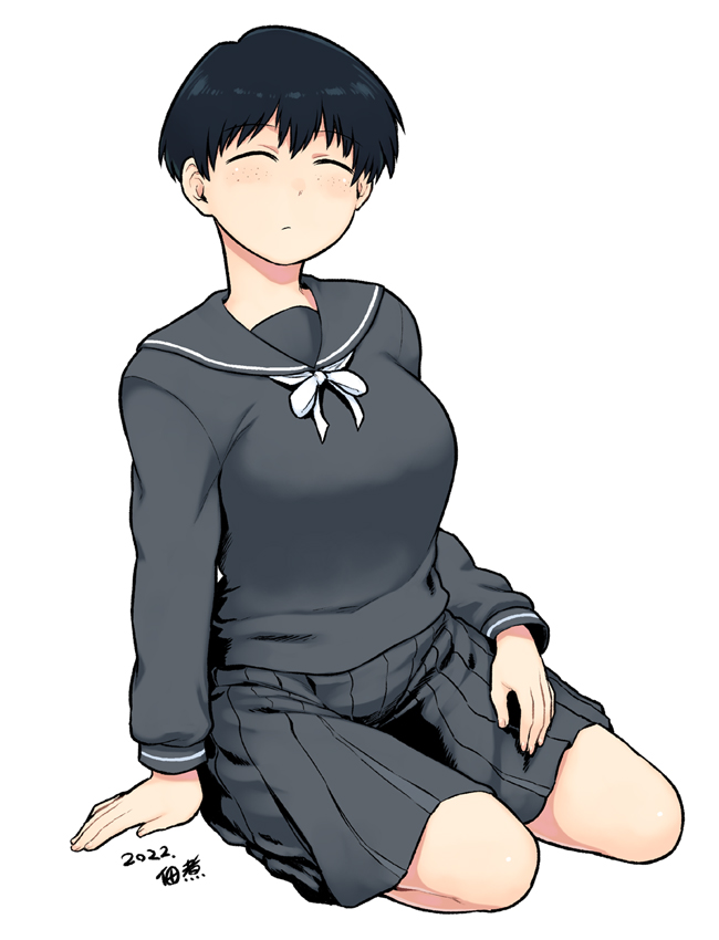 Safebooru 1girl Arm Support Black Hair Black Sailor Collar Blush 7003