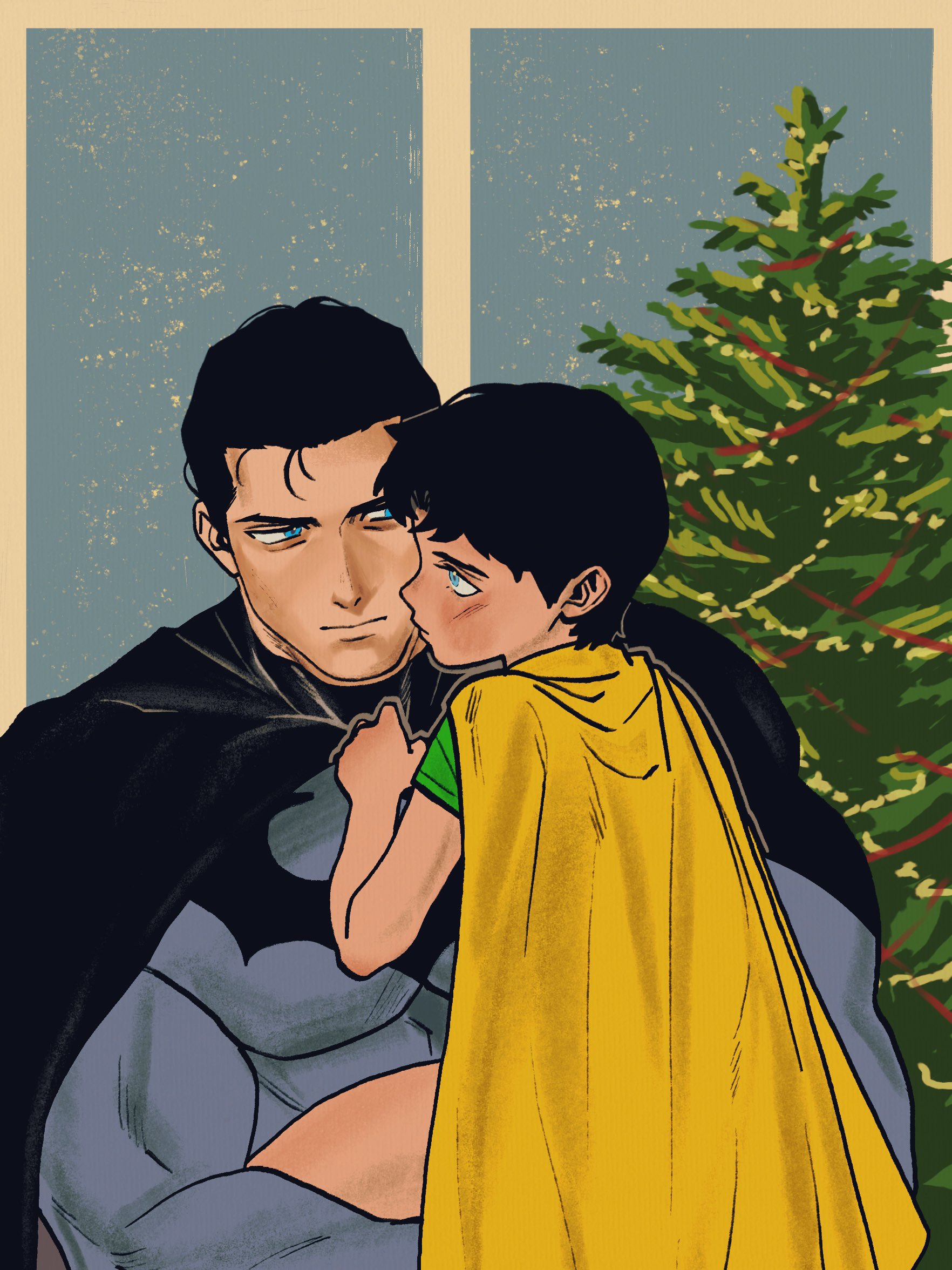 Safebooru - 2boys age difference batman (series) black cape black hair blue background blue eyes ...
