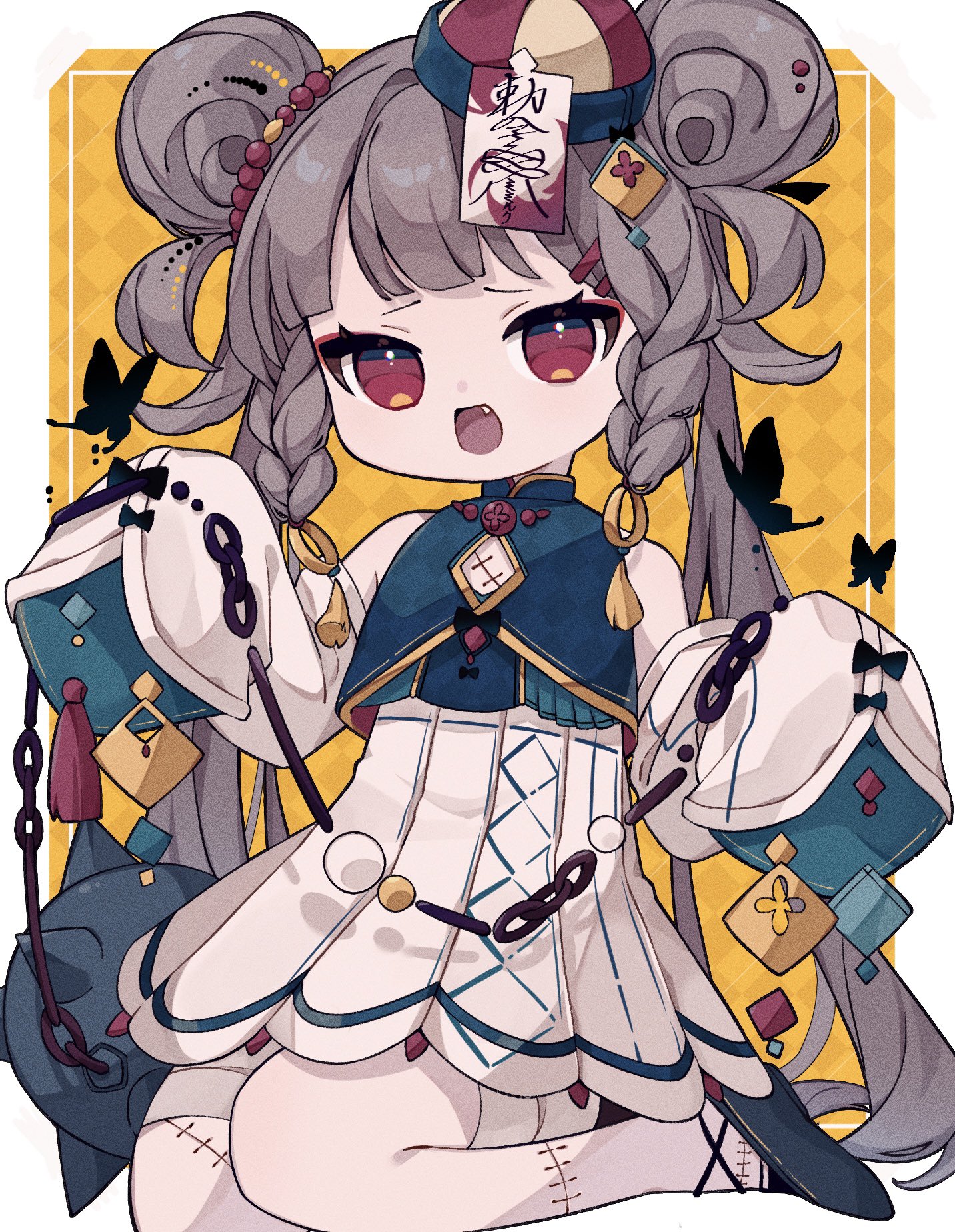 Safebooru - 1girl braid brown hair bug butterfly double bun fang hair bun hair ornament hairclip ...