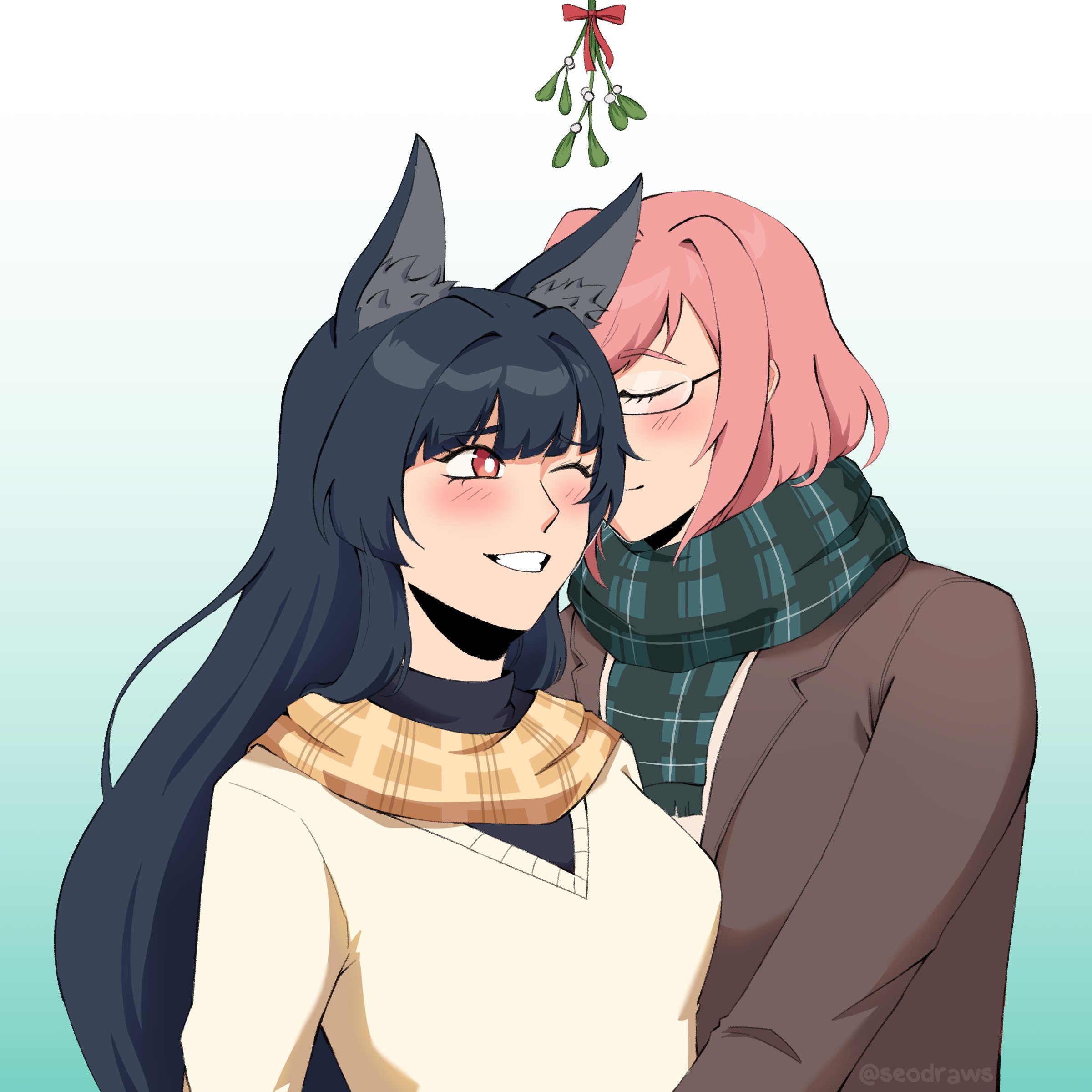 Safebooru - 2girls absurdres animal ear fluff animal ears black hair blush clenched teeth fox ...