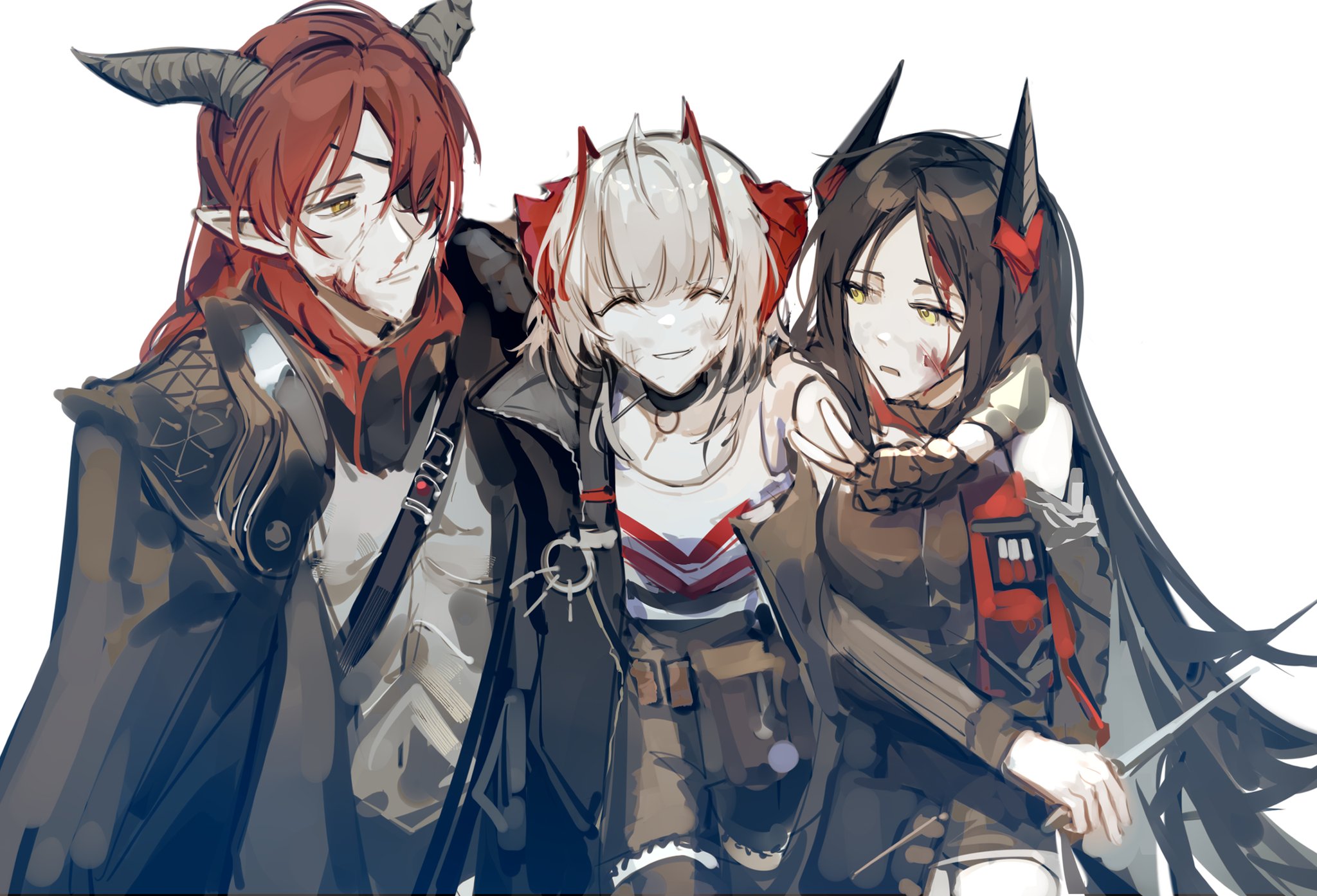 Safebooru - 1boy 2girls arknights arm around neck black cloak black dress black gloves black ...