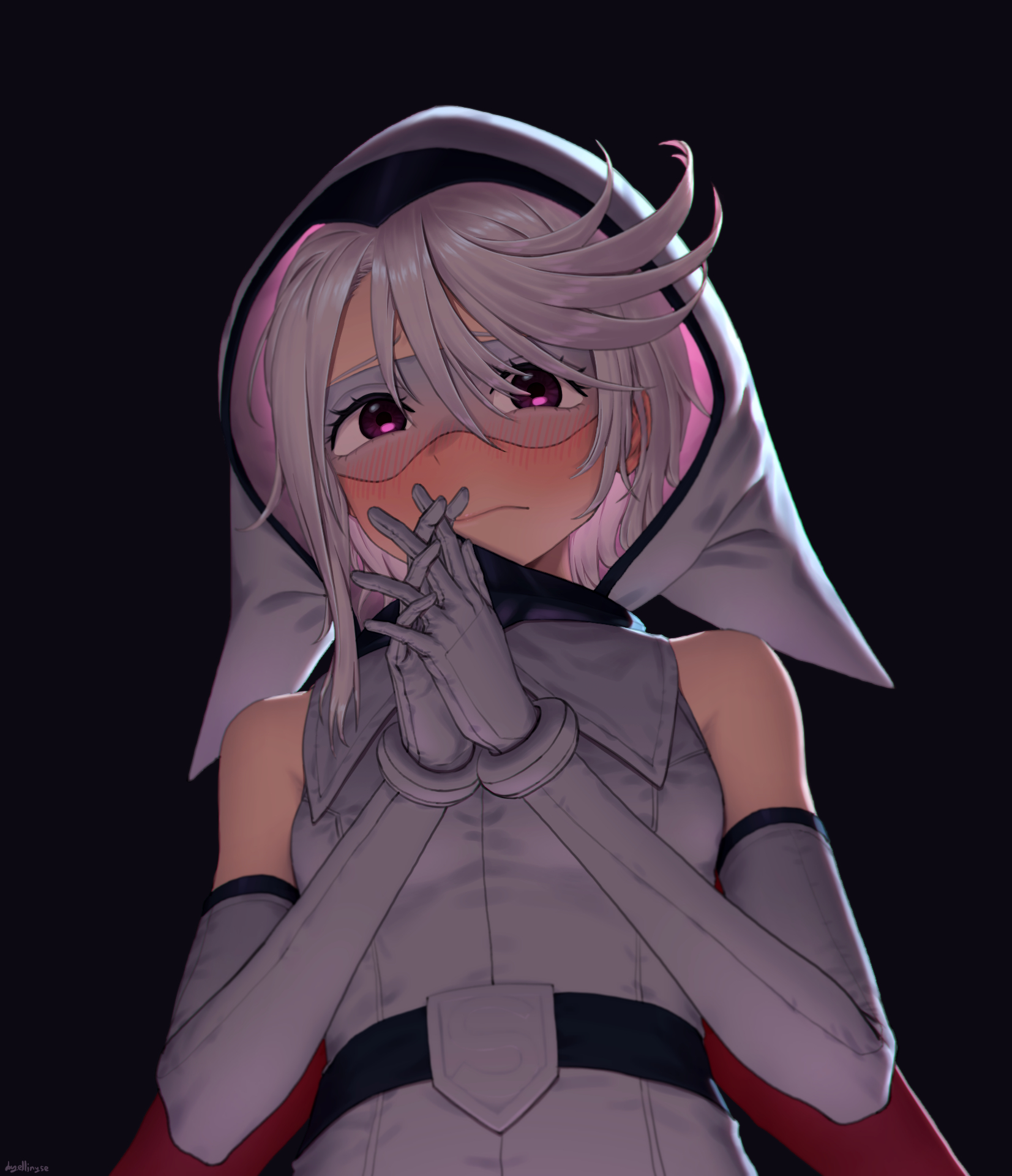 Safebooru - 1girl bare shoulders belt black background black belt breasts closed mouth elbow ...