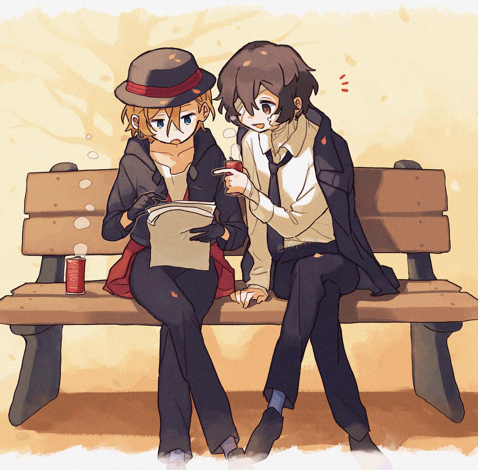 Safebooru - 2boys bandage over one eye bandaged arm bandages bench black eyes black gloves black ...