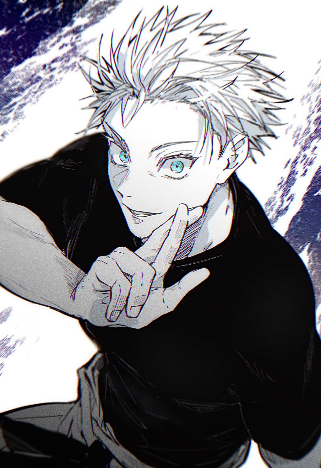 Safebooru - 1boy belt blue eyes cowboy shot crossed fingers gojou ...