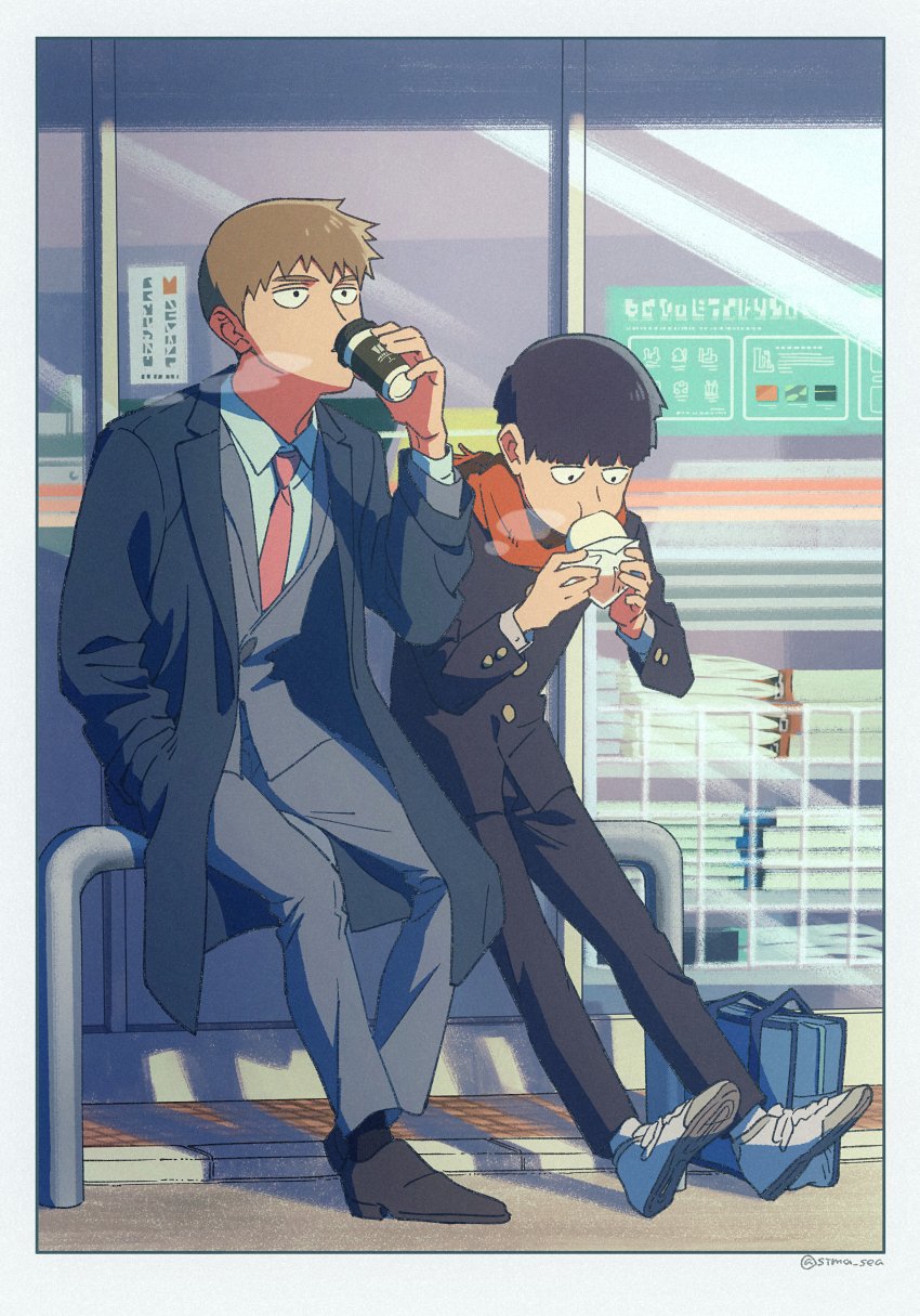 Safebooru - 2boys black hair blonde hair coat drinking eating full body ...