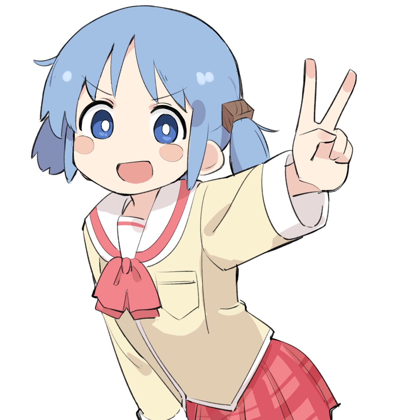 Safebooru - 1girl :d arawi keiichi (style) arm up blue eyes blue hair blush stickers commentary ...