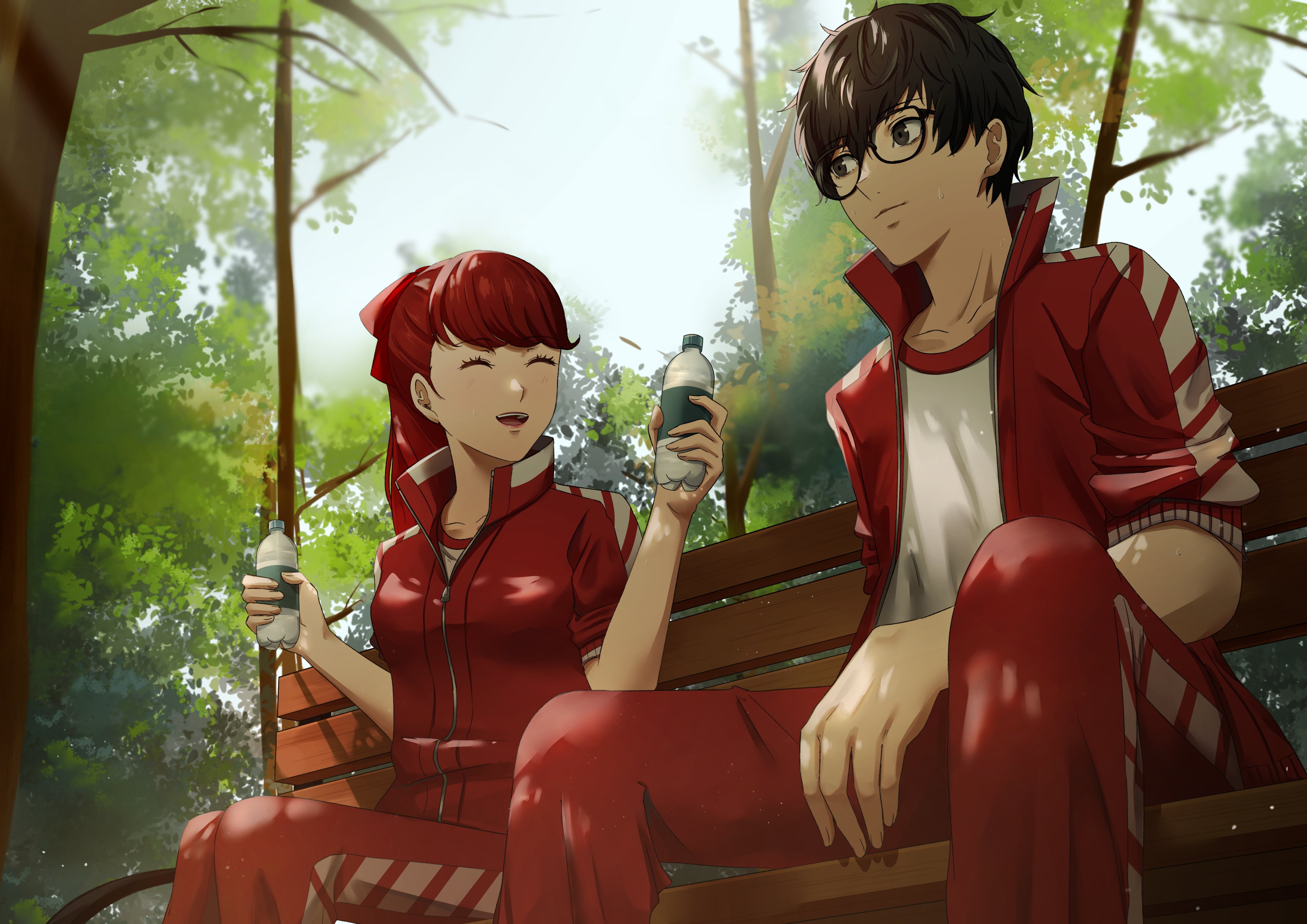 Safebooru - 1boy 1girl absurdres amamiya ren bench black-framed eyewear black eyes black hair ...