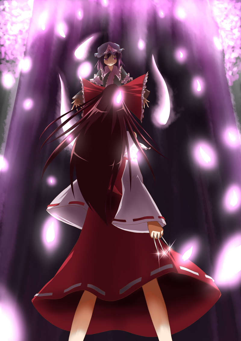 Safebooru - bow brown hair cherry blossoms danmaku flying from behind ...