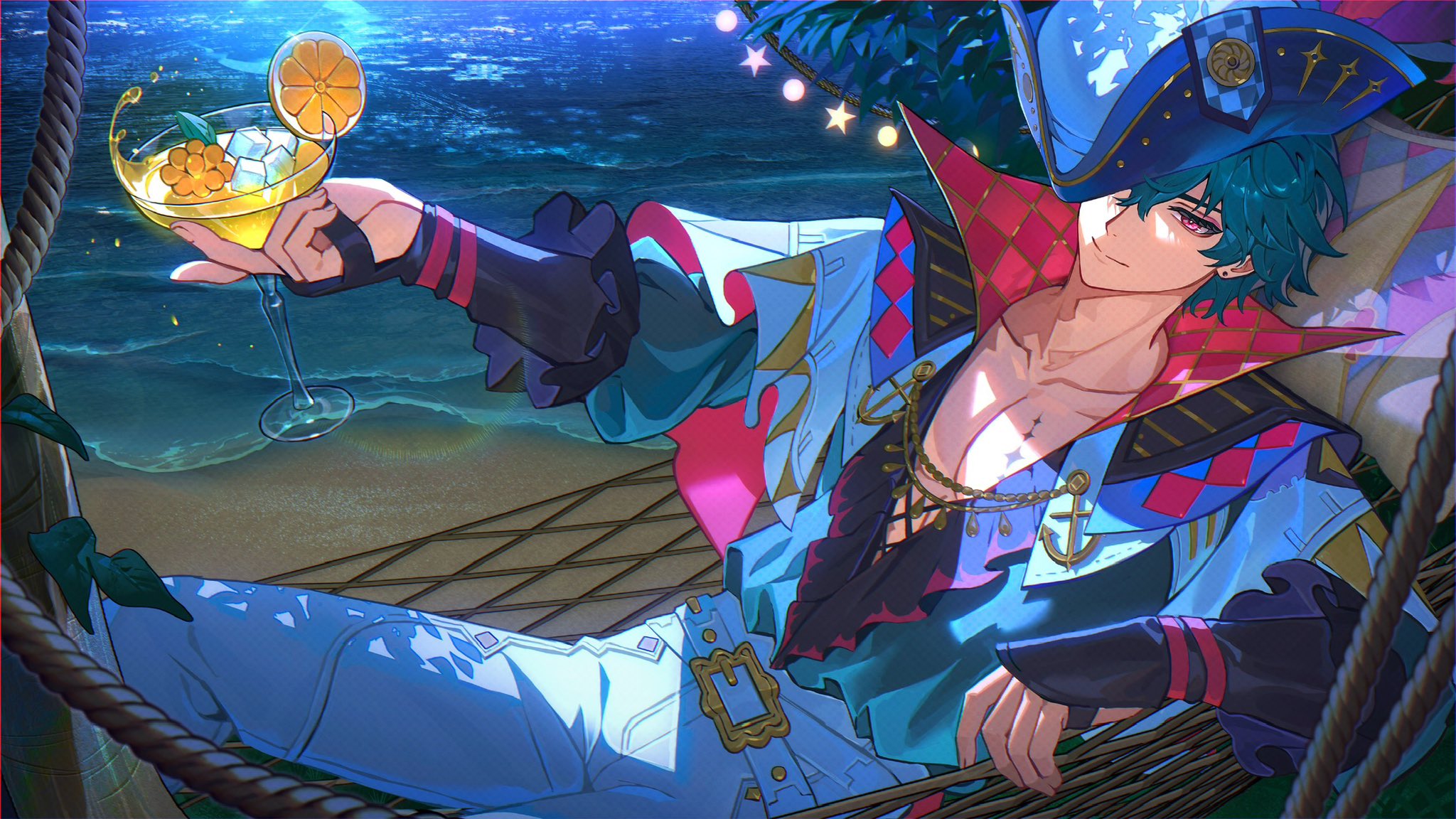 Safebooru - 1boy anchor ornament beach belt belt buckle blue hair blue ...