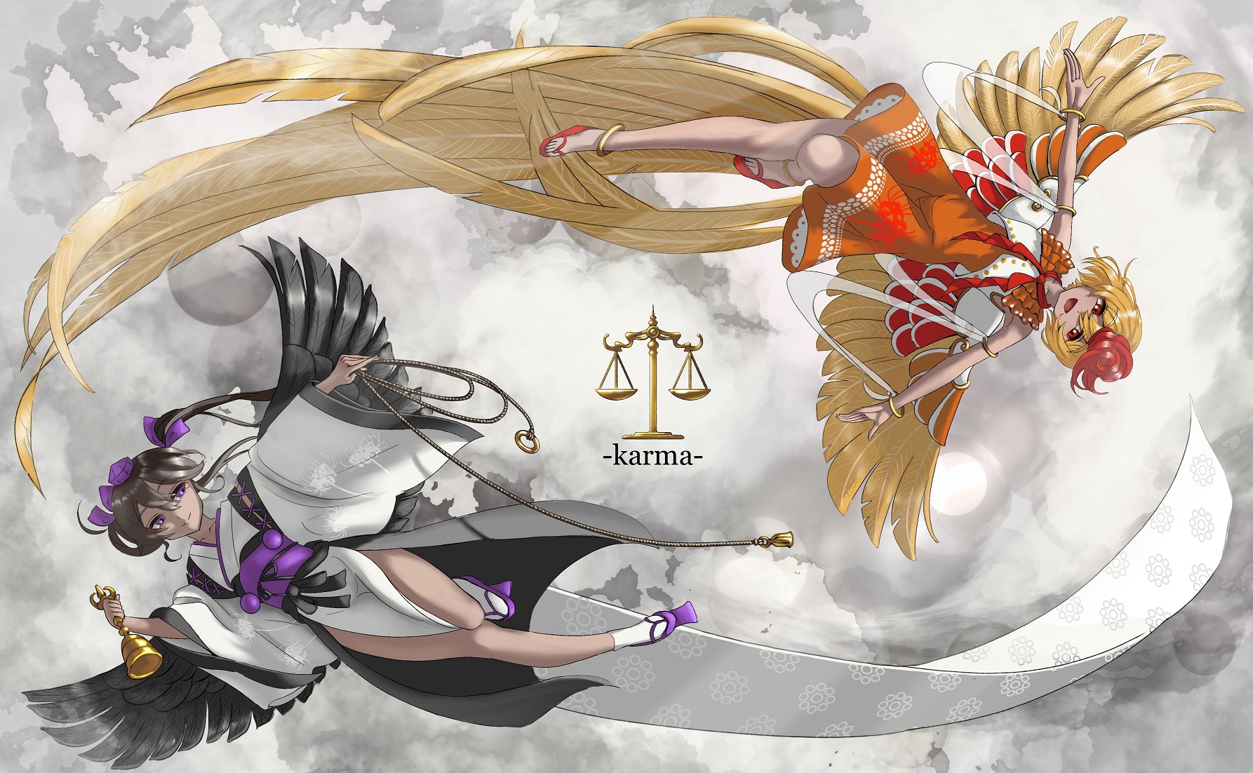 Safebooru - 2girls aoiueo12 bird girl bird wings black wings blonde hair brown hair dress ...