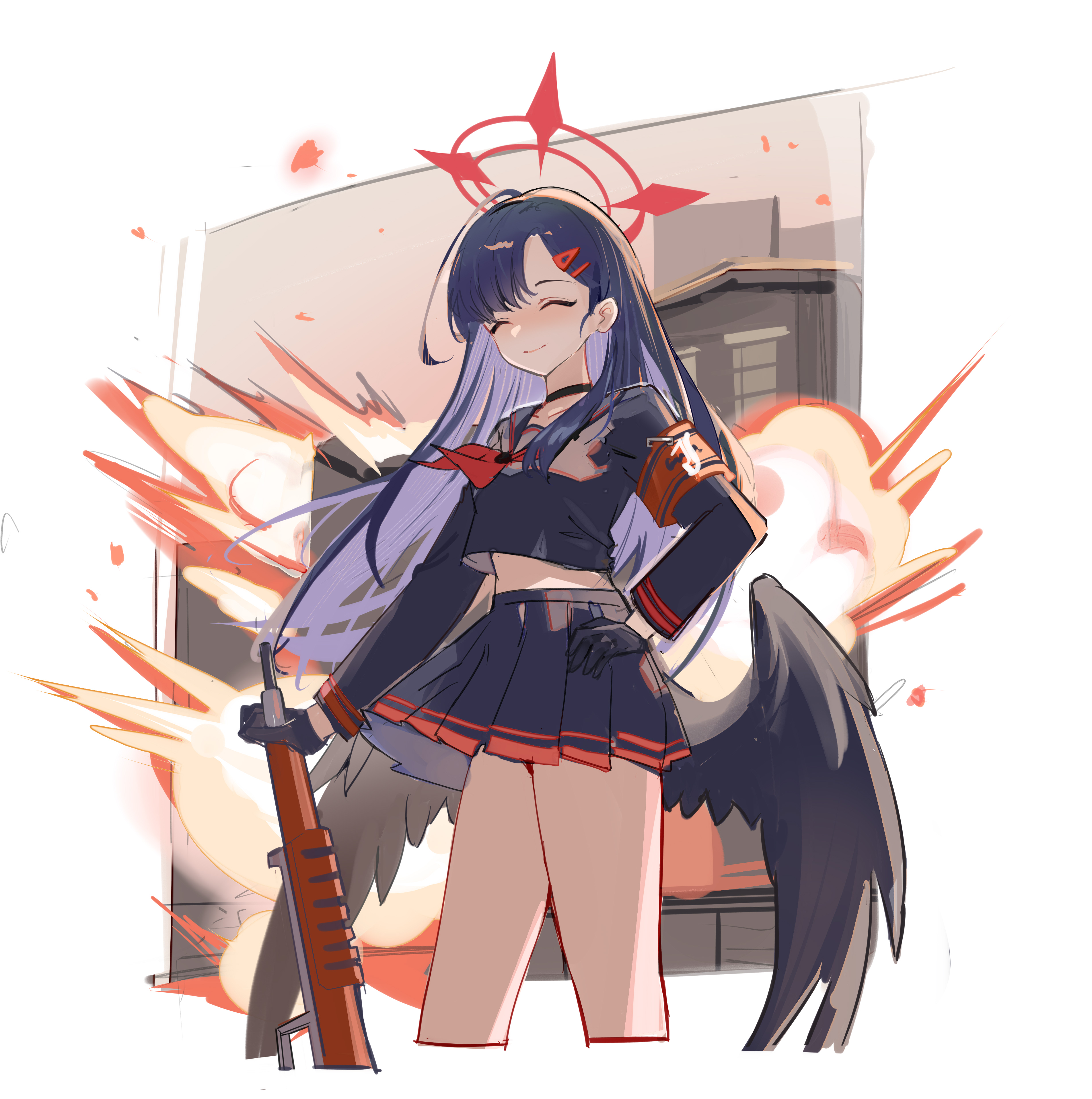 Safebooru - 1girl absurdres ahoge armband black choker black gloves black hair black sailor ...