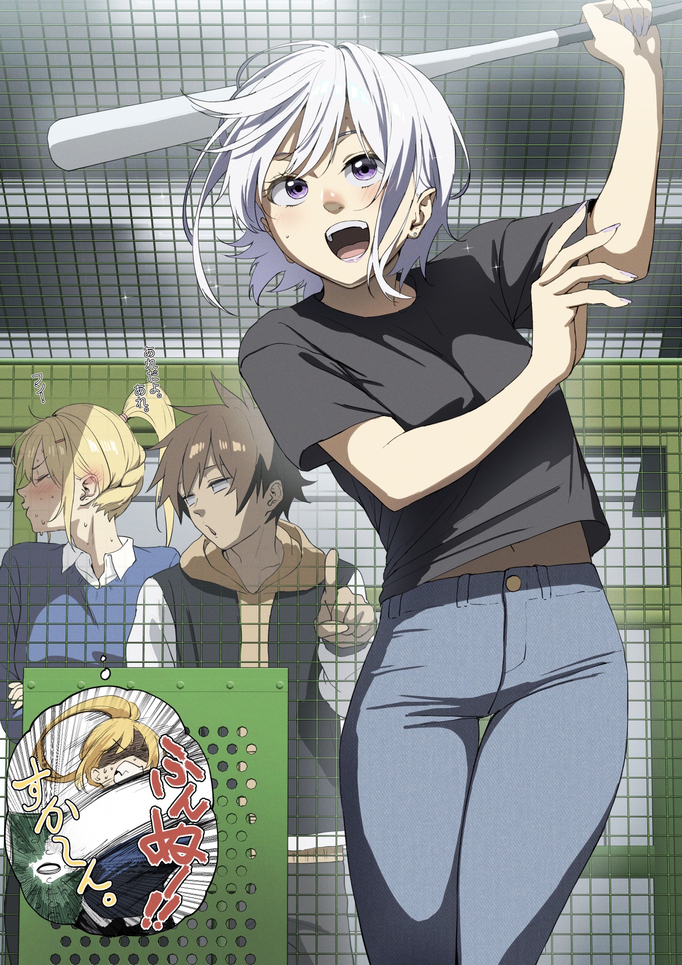 Safebooru 1boy 2girls Baseball Bat Black Shirt Blonde Hair Breasts 2849
