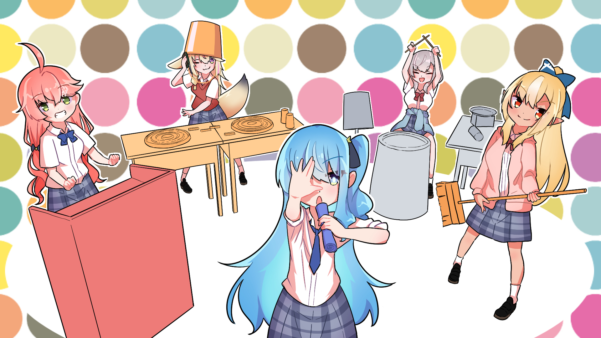 Safebooru - 5girls ahoge alternate costume animal ears arm up arms up band black footwear blonde ...