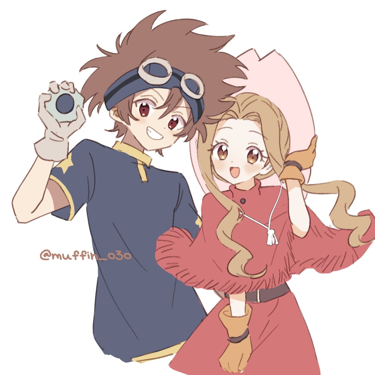 Safebooru - 1boy 1girl artist name belt brown belt brown eyes brown gloves brown hair digimon ...