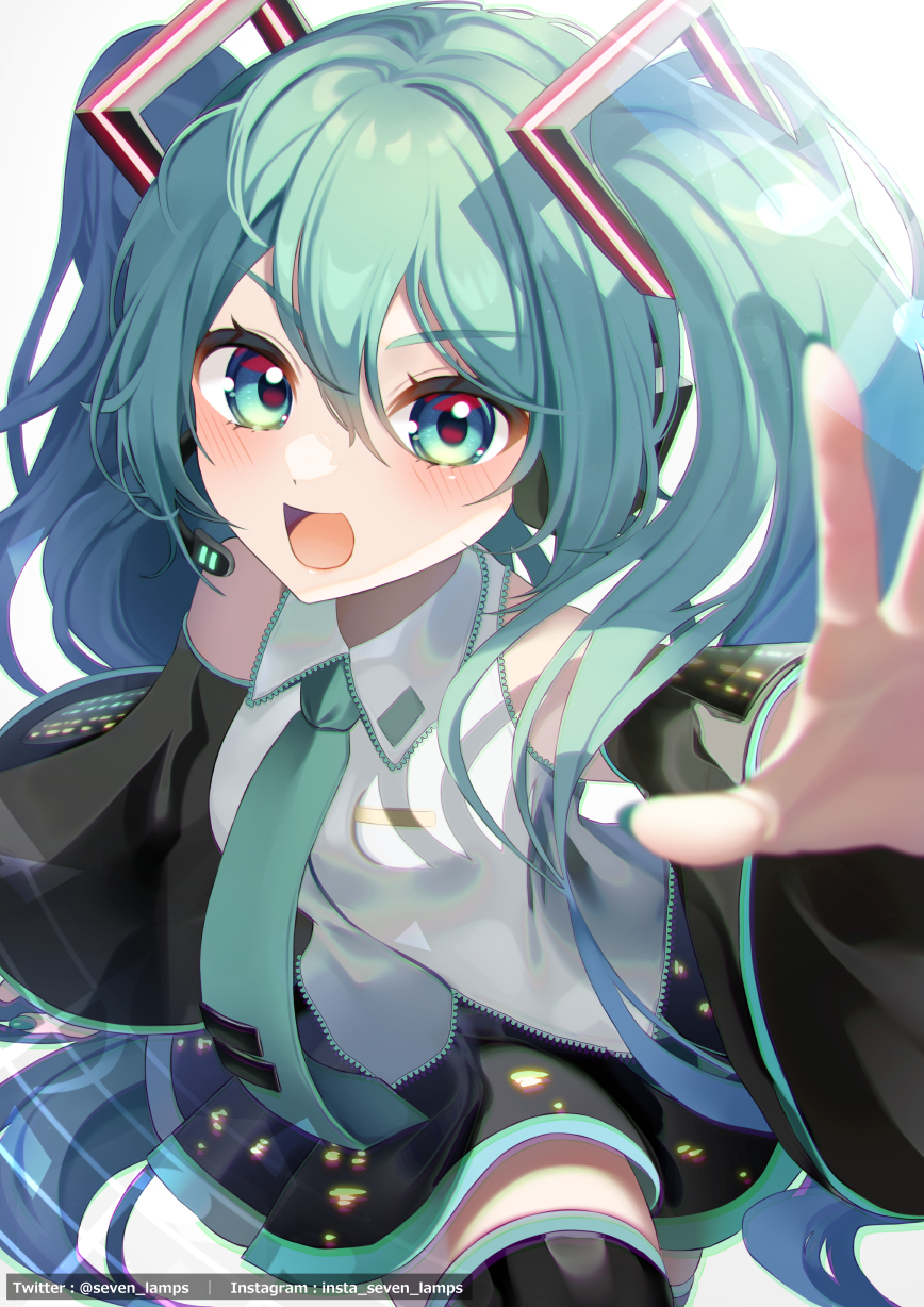Safebooru - 1girl :d aqua eyes aqua hair aqua necktie black shoes black skirt black sleeves ...