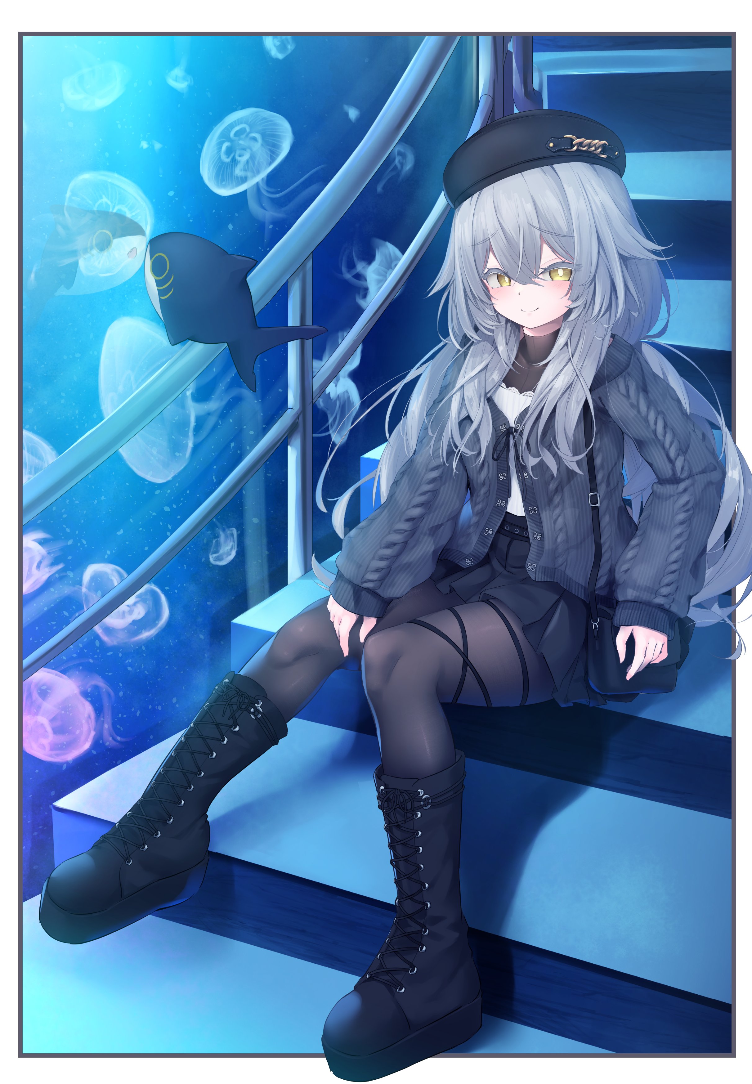 Safebooru - 1girl absurdres alternate costume animal aquarium bag beret black bag black ...