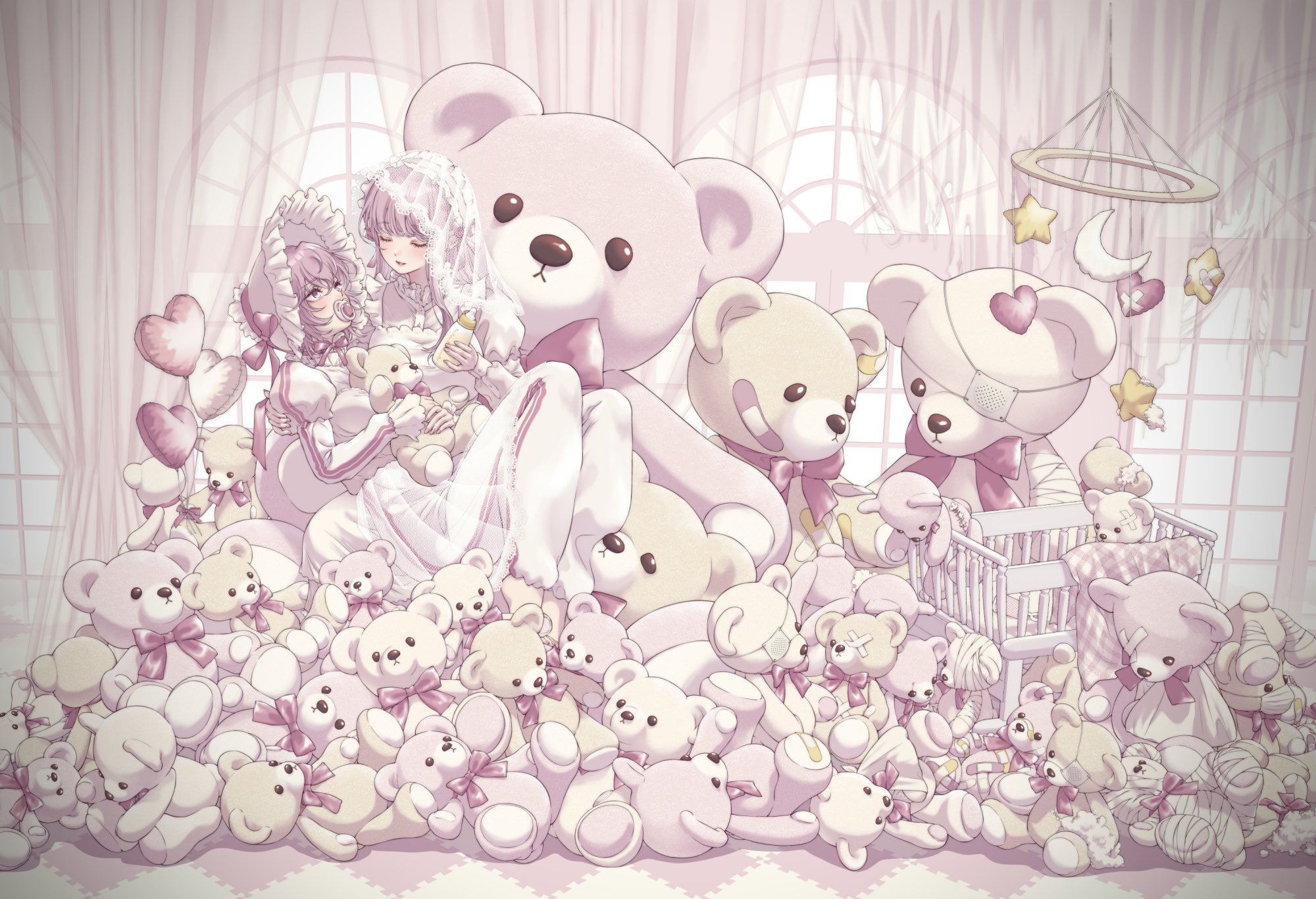 Safebooru - 2girls asahina yuni bandages bottle cover curtains eyepatch ...