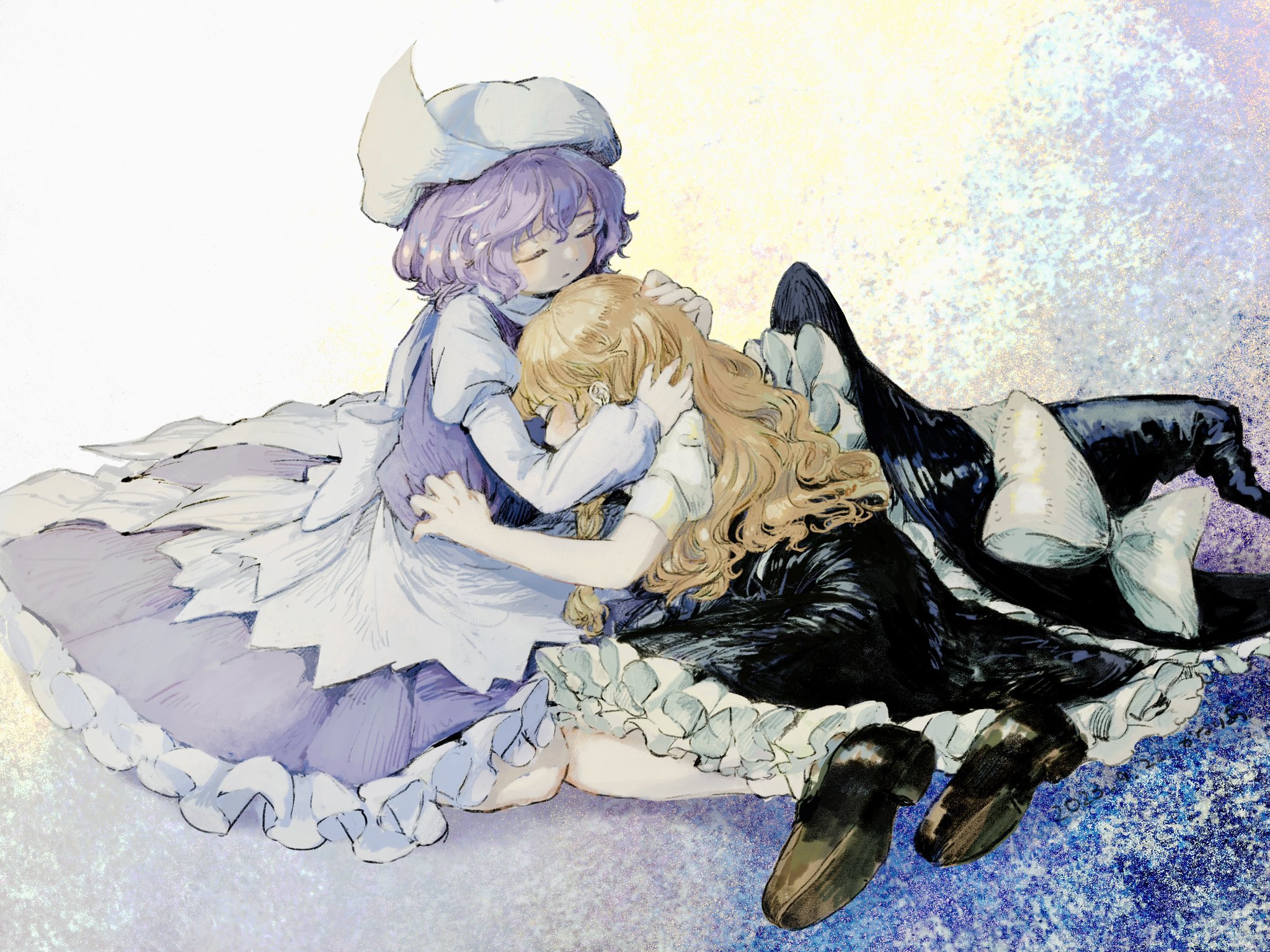 Safebooru - 2girls back bow black footwear black headwear black skirt black vest blonde hair bow ...