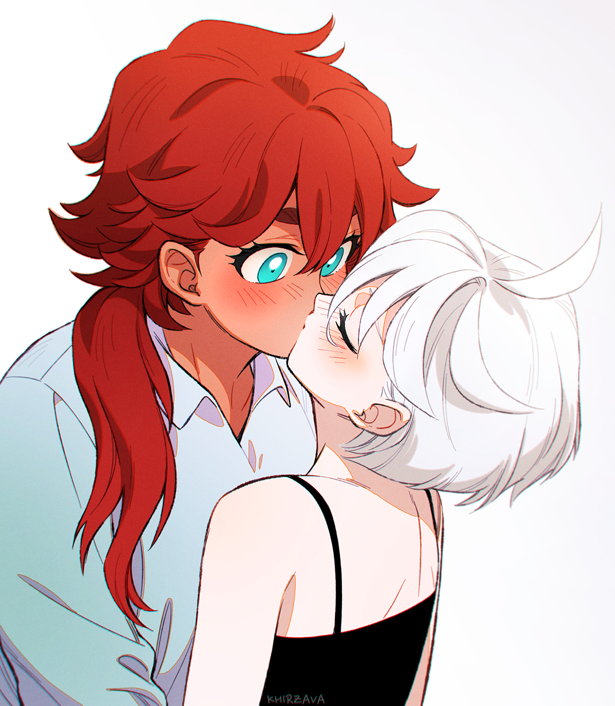 Safebooru - 2girls black camisole blue eyes blue shirt blush camisole collared shirt commentary ...