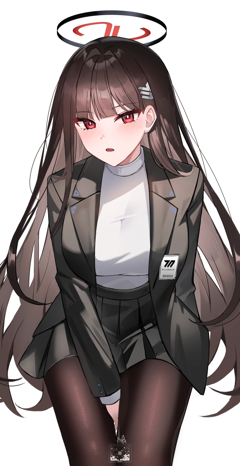 Safebooru - 1girl black hair black pantyhose black suit blue archive blunt bangs breasts hair ...