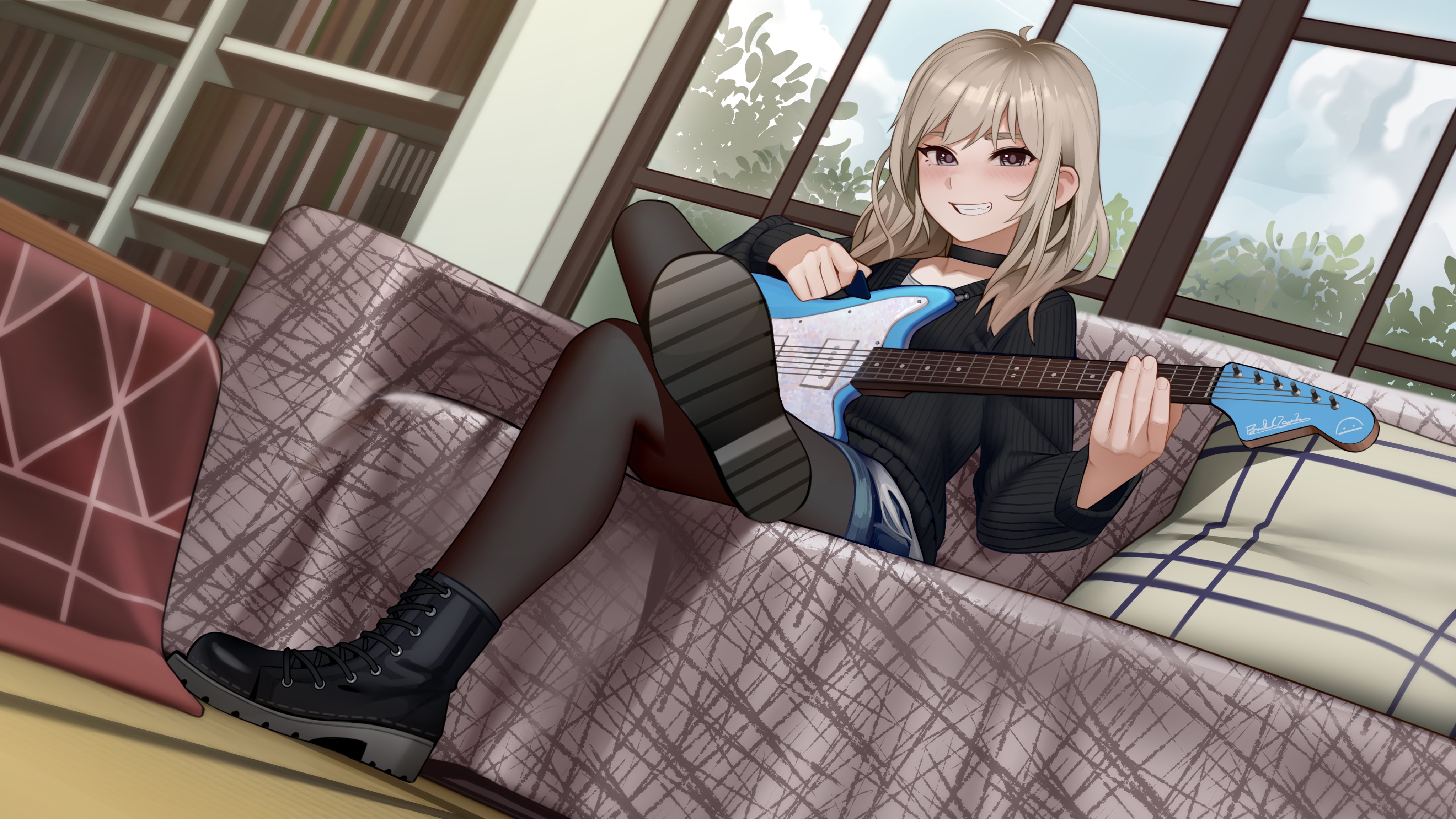 Safebooru - 1girl absurdres ahoge black boots black choker black pantyhose blue shorts blush ...