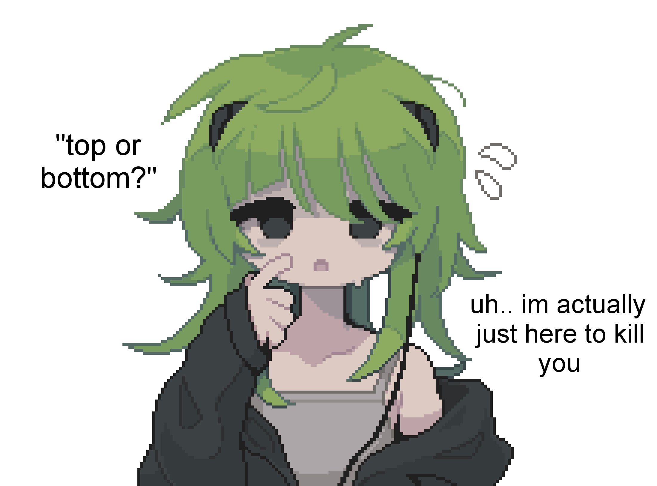 Safebooru - 1girl black jacket english text flying sweatdrops green ...