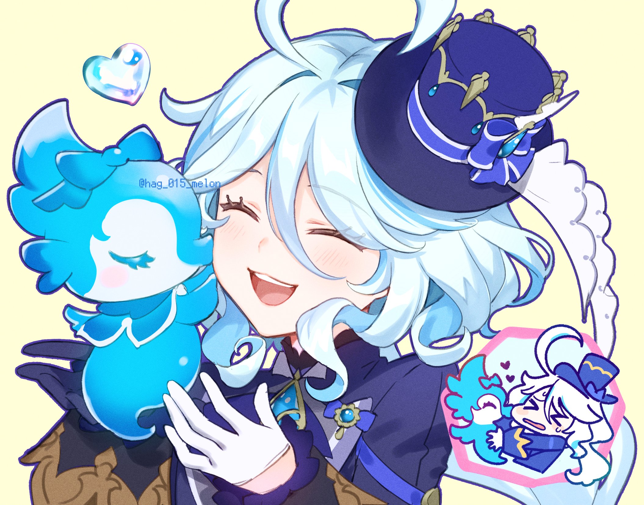 Safebooru - 1girl ahoge asymmetrical gloves black gloves blue hair blue hat blue jacket closed ...