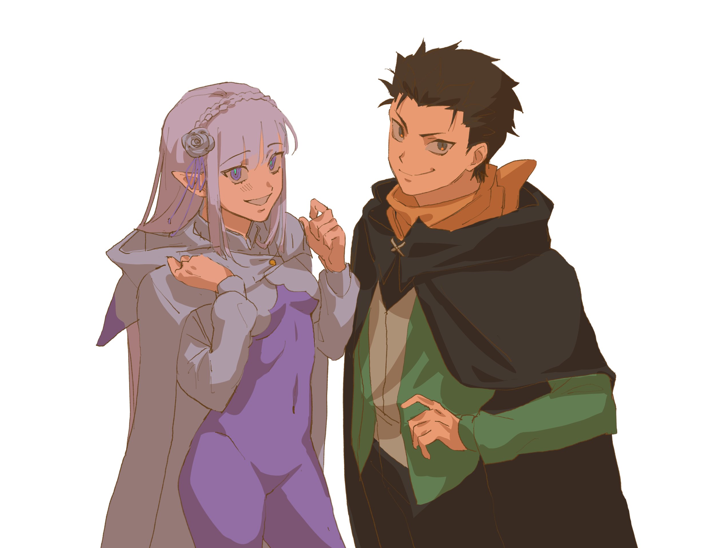 Safebooru - 1boy 1girl black hair cloak elf emilia (re:zero) flower hair flower hair ornament ...