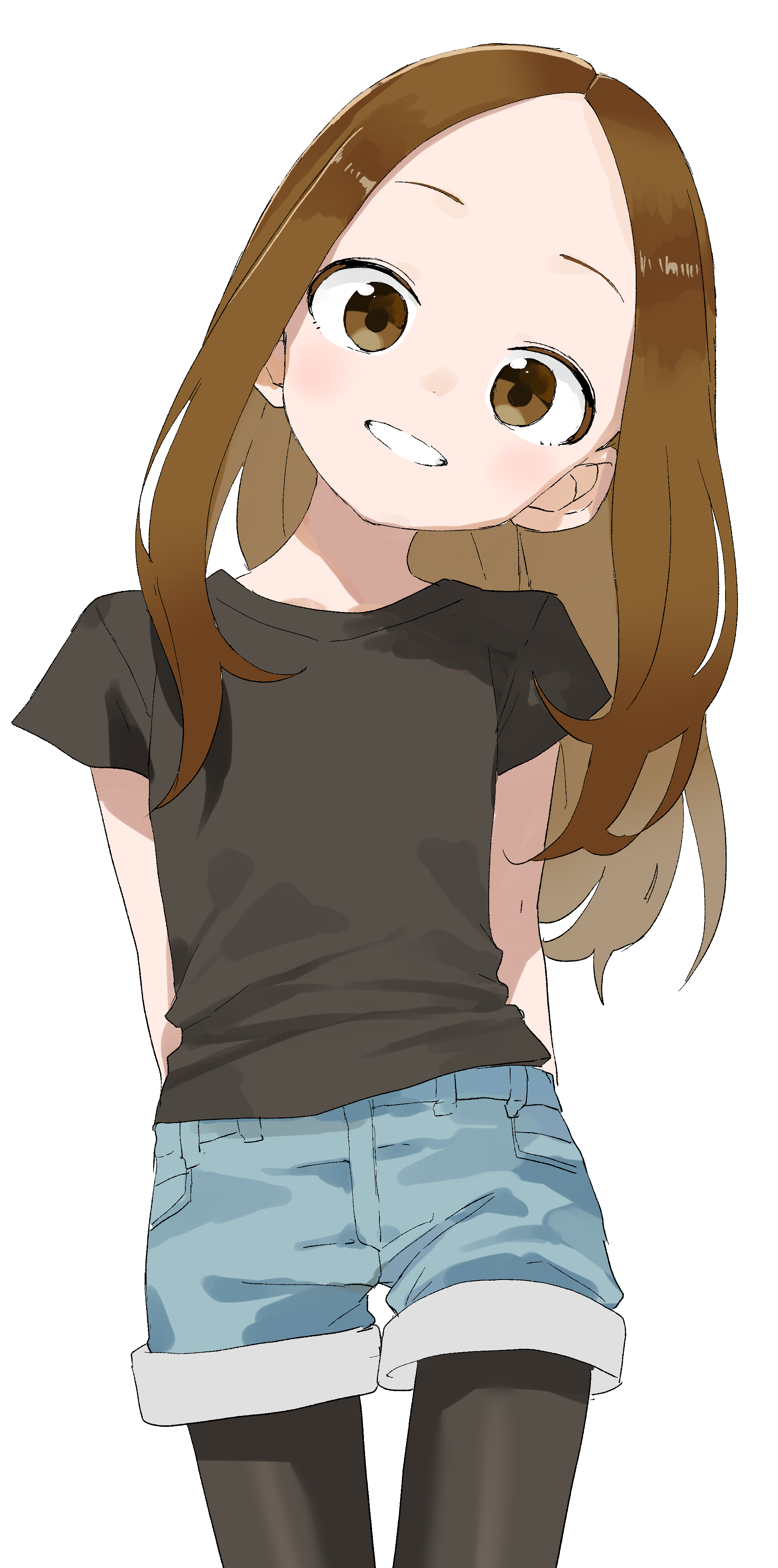 Safebooru - 1girl :d absurdres arms behind back black pantyhose black shirt blue shorts brown ...