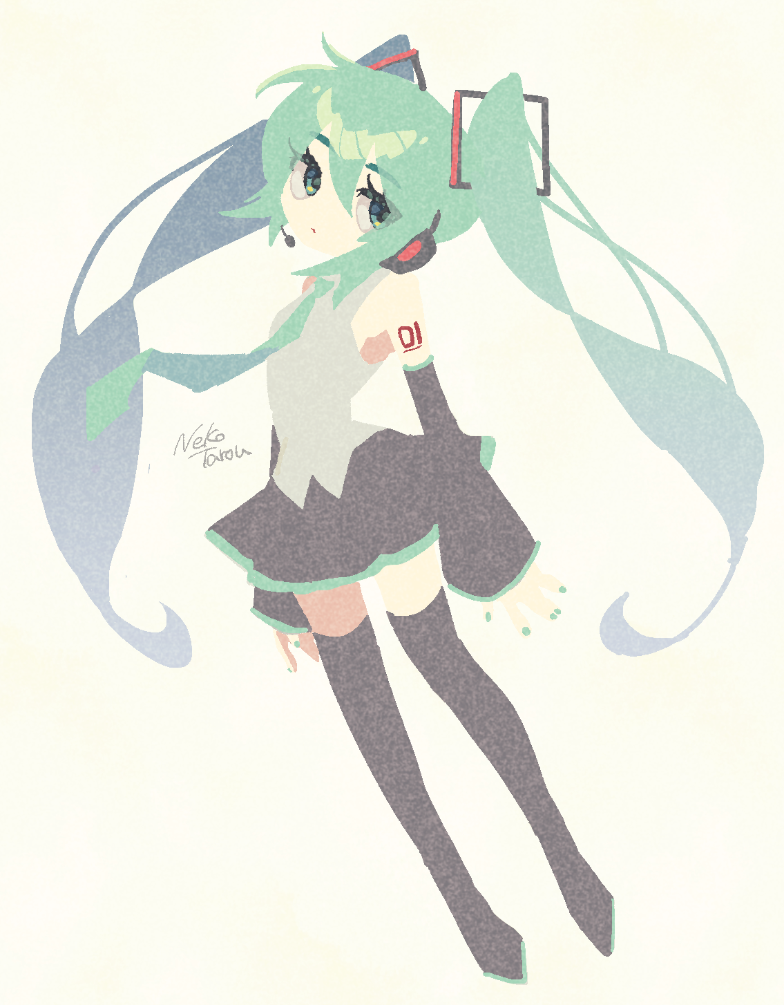 Safebooru - 1girl aqua eyes aqua hair aqua necktie arms at sides black boots black skirt black ...