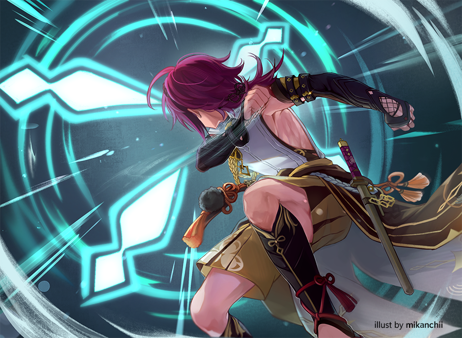 Safebooru - 1boy ahoge aiguillette armor artist name black hair bracelet brown shorts clenched ...