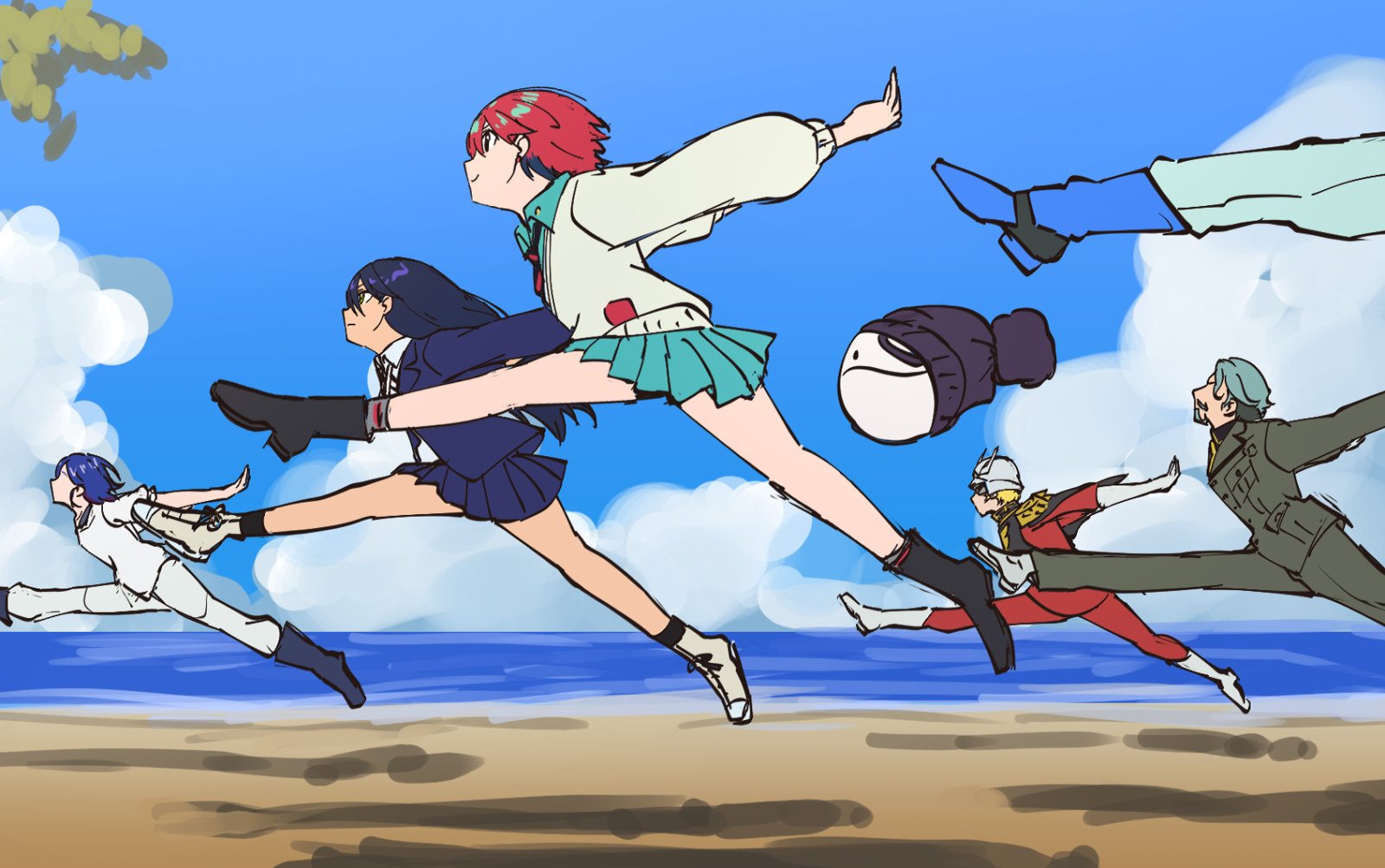 Safebooru - 2girls 3boys amate yuzuriha beanie black boots black hair black hat blue boots blue ...