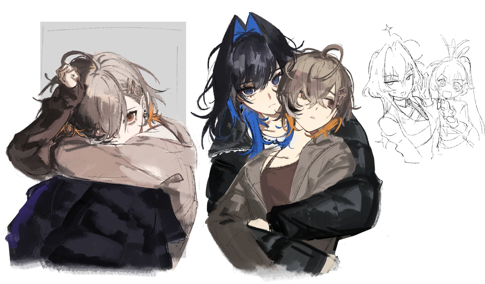 Safebooru - 2girls ahoge black hair black jacket blonde hair blue eyes brown camisole brown eyes ...