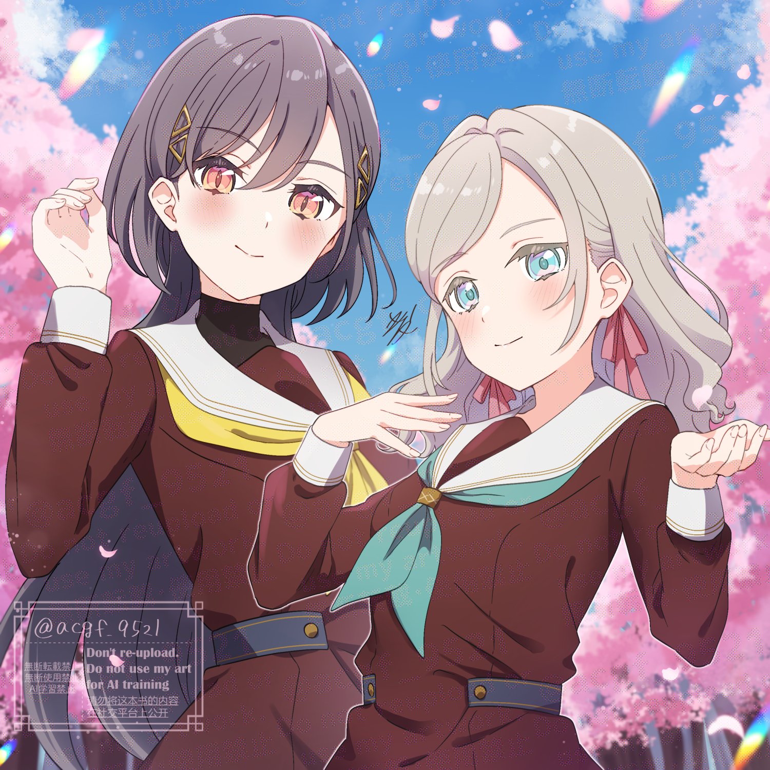 Safebooru - 2girls aqua neckerchief blue eyes blue sky blush breasts brown dress ceras yanagida ...