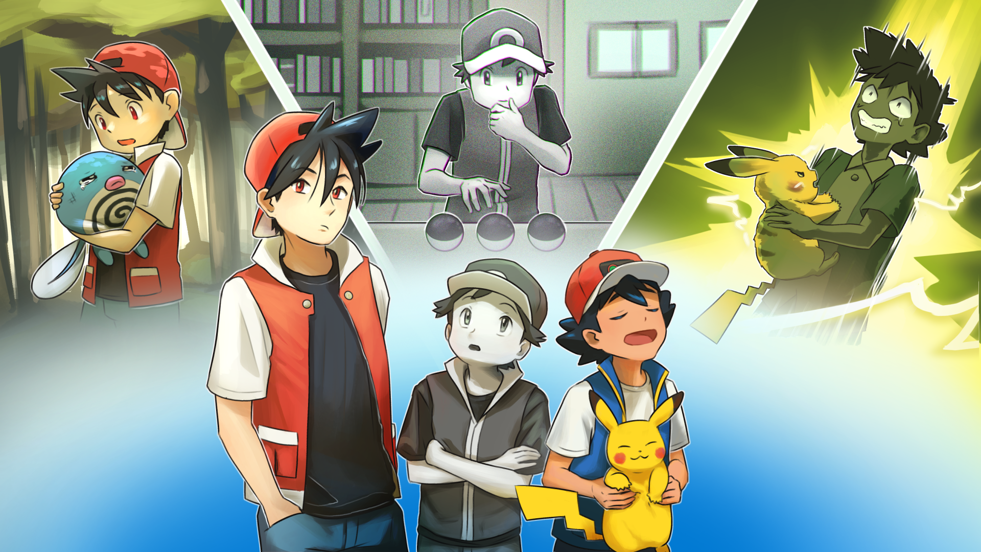 Safebooru - 3boys ash ketchum backwards hat black hair black shirt blue ...