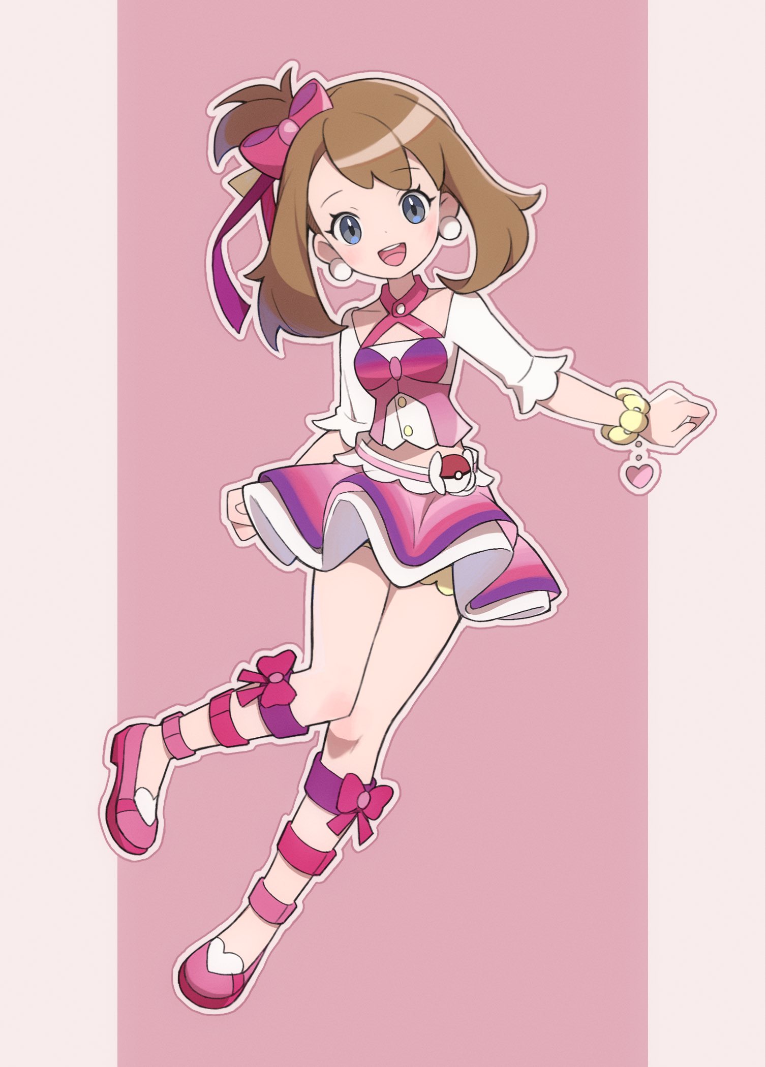 Safebooru - 1girl :d bow brown hair earrings full body hair bow highres ...