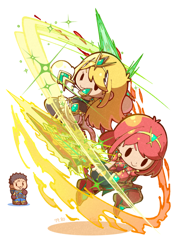 Safebooru - 04sora40 1boy 2girls :> :3 black gloves blonde hair brown ...