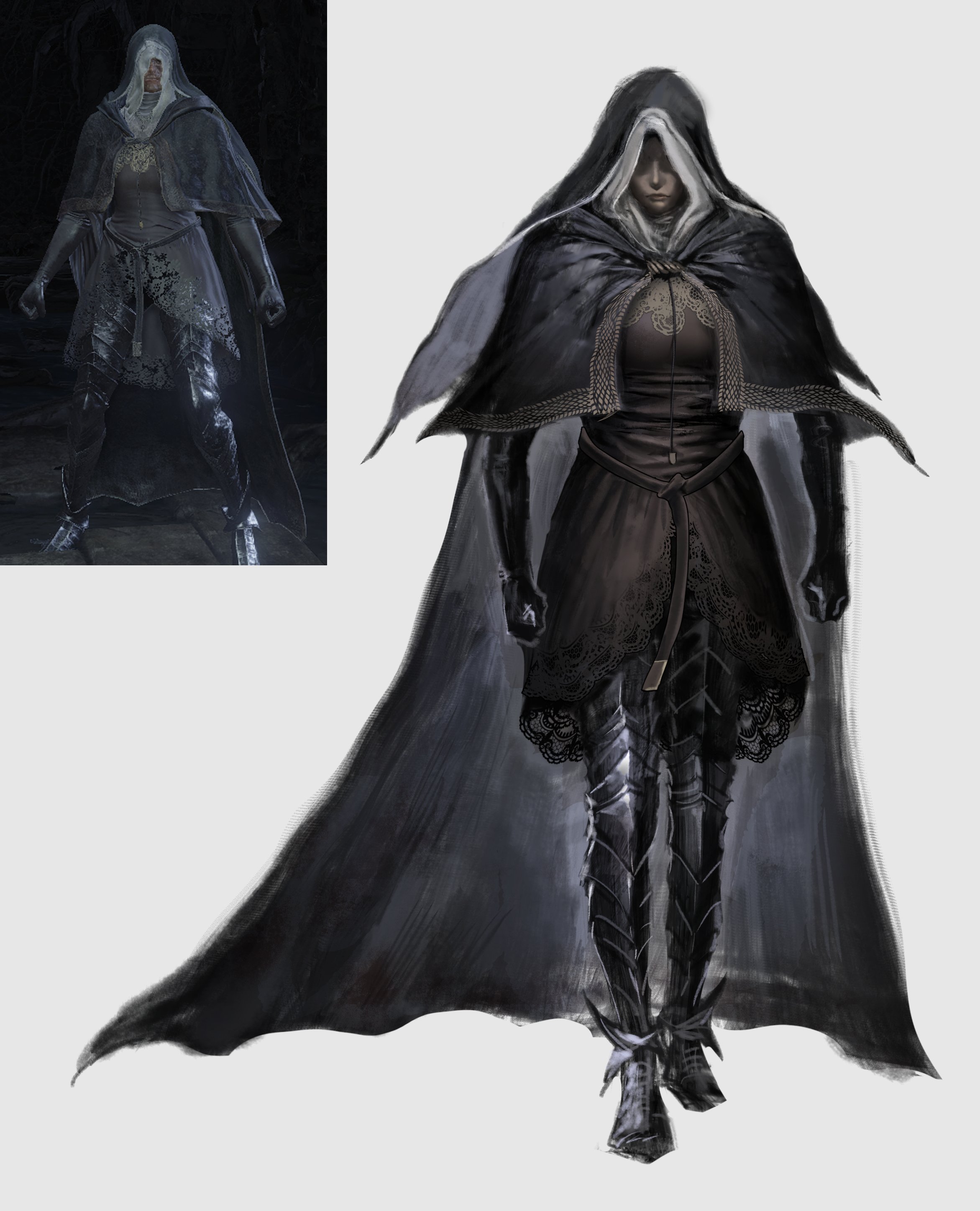 Safebooru - 1girl absurdres armor ashen one (dark souls) black cape black capelet breasts cape ...
