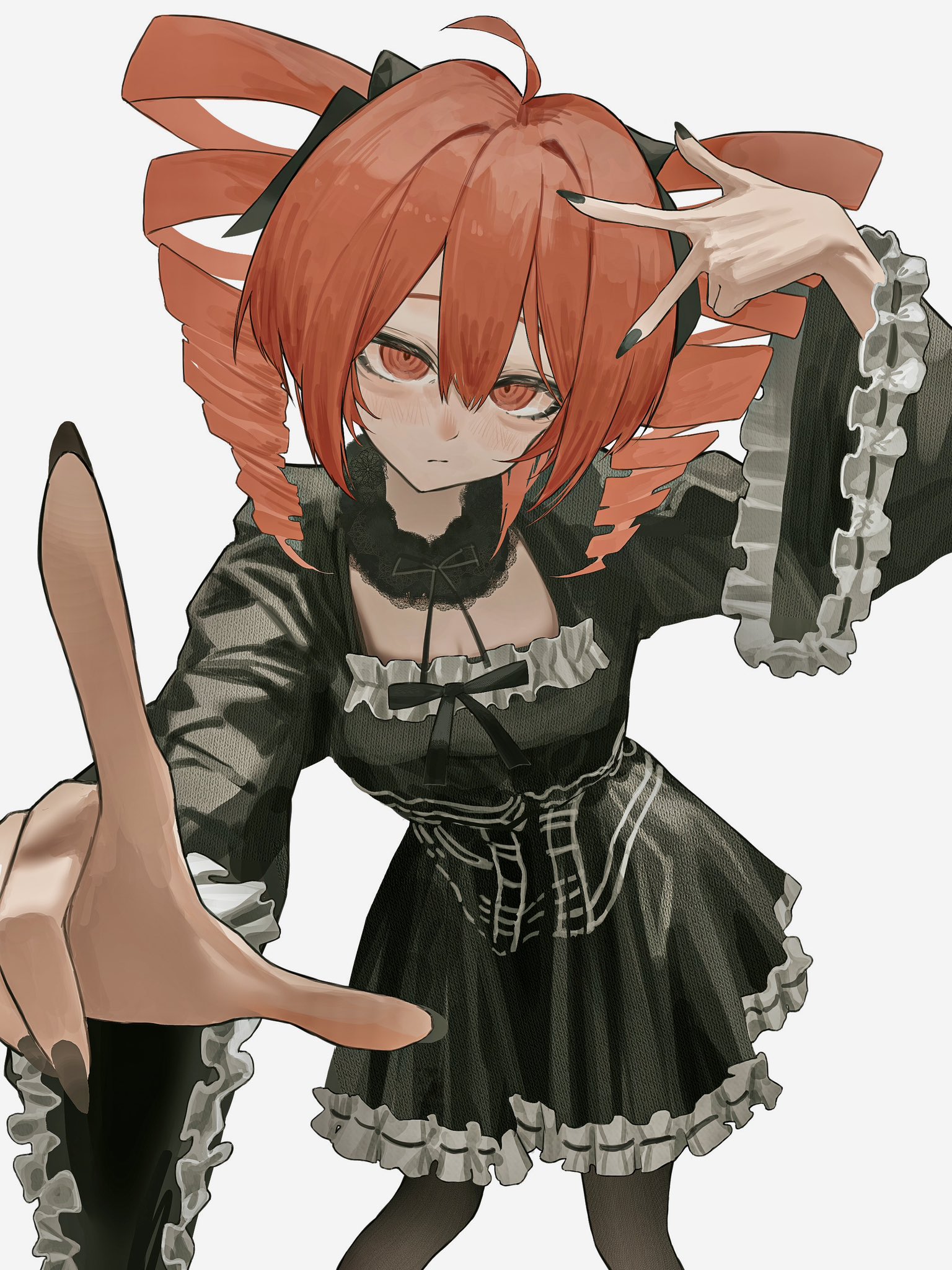 Safebooru - 1girl ahoge arm up black dress black nails black pantyhose black ribbon closed mouth ...