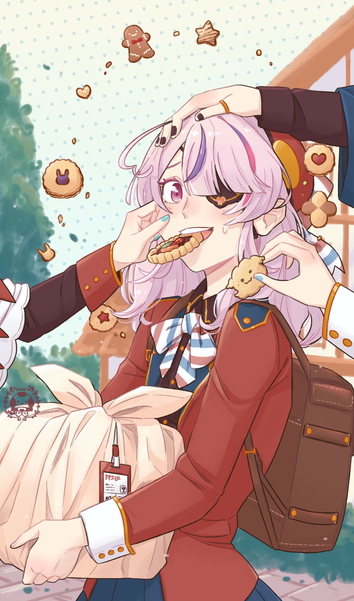 Safebooru - ahoge backpack bag blush character request cheek pinching ...