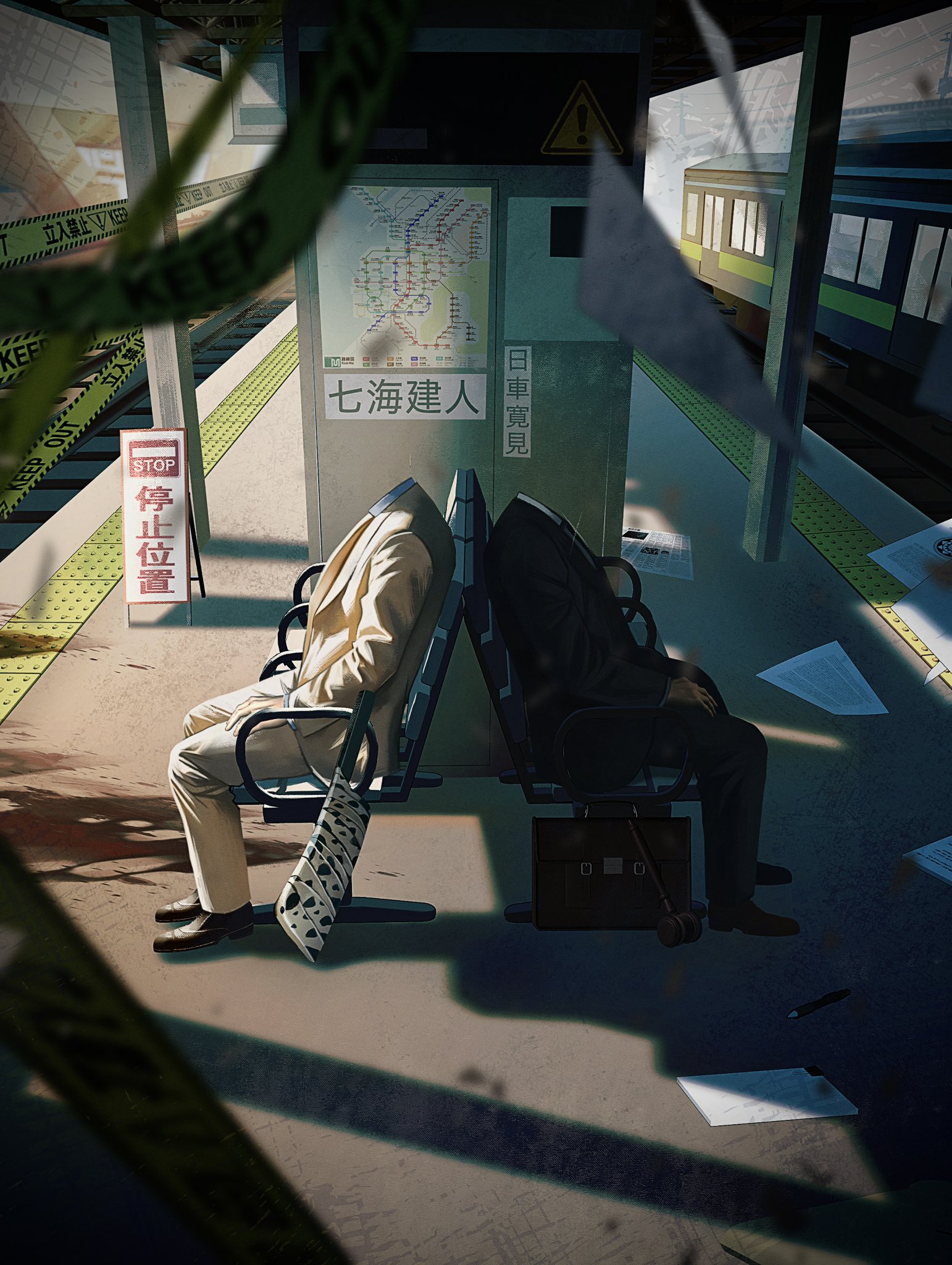 Safebooru - 2boys back-to-back bench black jacket black pants black ...