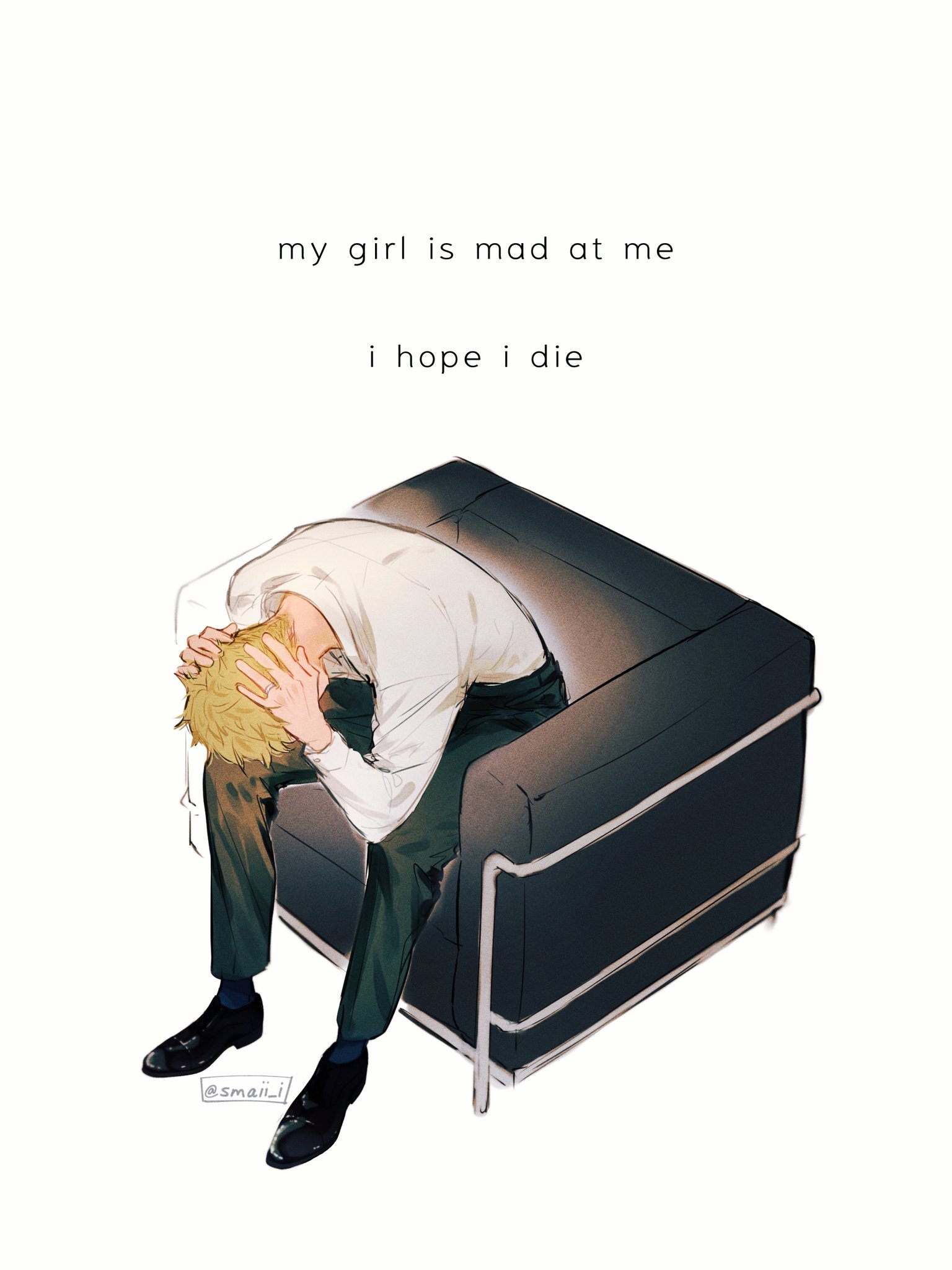 Safebooru - 1boy armchair artist name black footwear black pants blonde ...